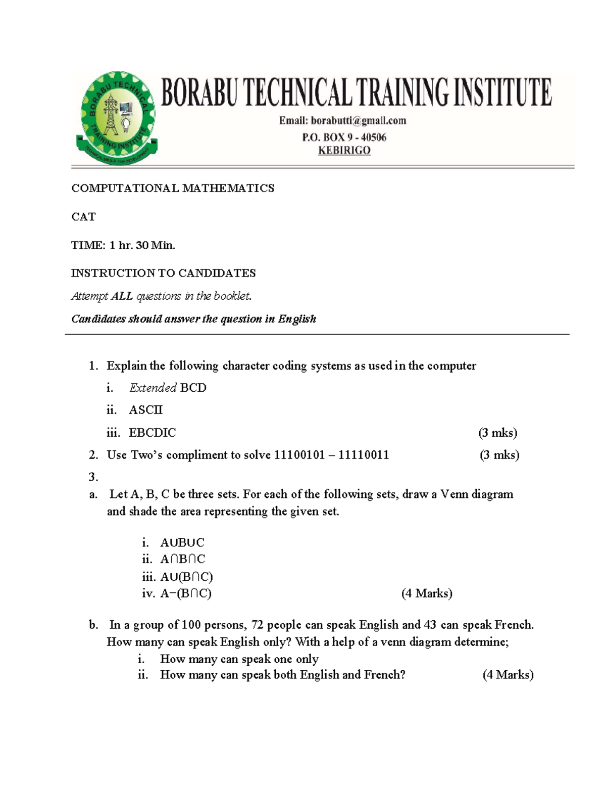 Computational Mathematics CAT ONE - COMPUTATIONAL MATHEMATICS CAT TIME ...