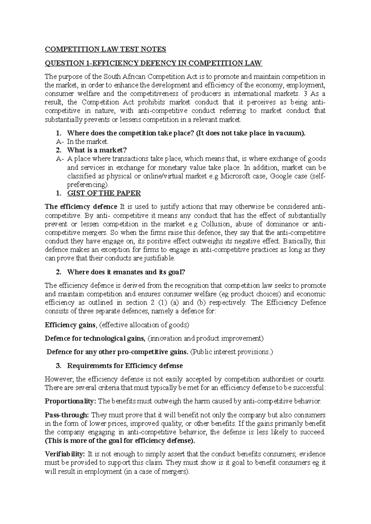 Competition LAW TEST Notes - COMPETITION LAW TEST NOTES QUESTION 1 ...