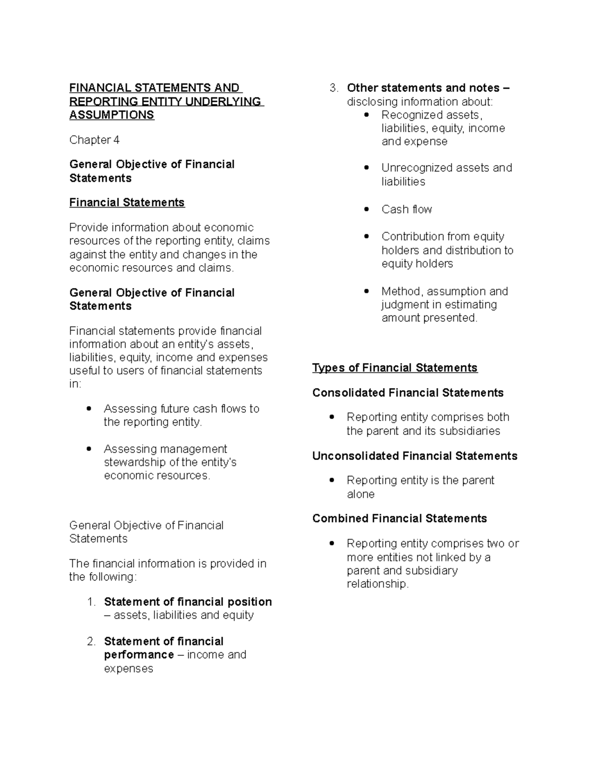 Financial Statements AND Reporting Entity Underlying Assumptions ...