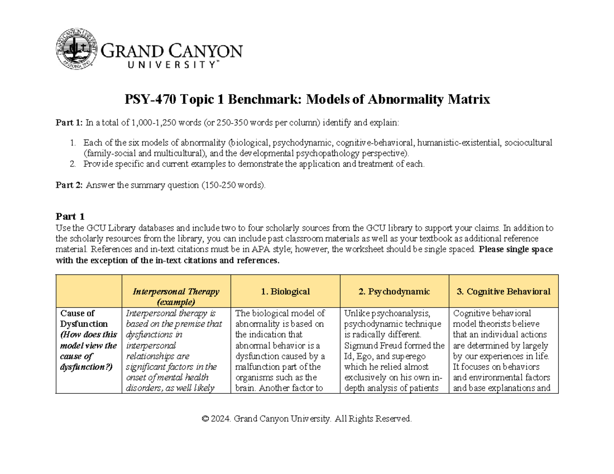 PSY 470 RS T1 Modelsof Abnormality Matrix Assignmentcompleted - PSY-470 ...