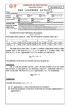 Basic Calculus LAS 0 Semestral Plan (2nd Semester) - ... LEARNING AS ...