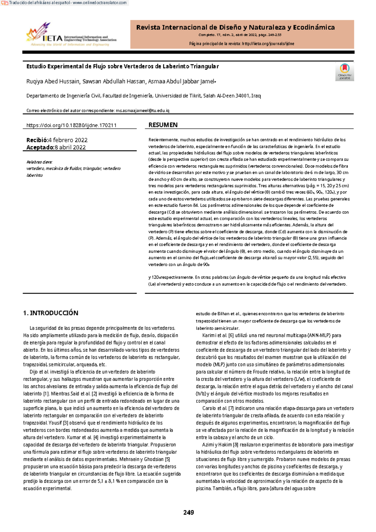 Vertedero rectangular castellano - Revista Internacional de Diseño y ...