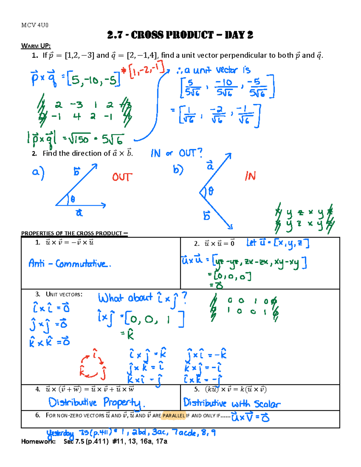 2.7 - Cross Product Lesson 2 Solutions 2023 - MCV 4U 2. 7 - cross ...