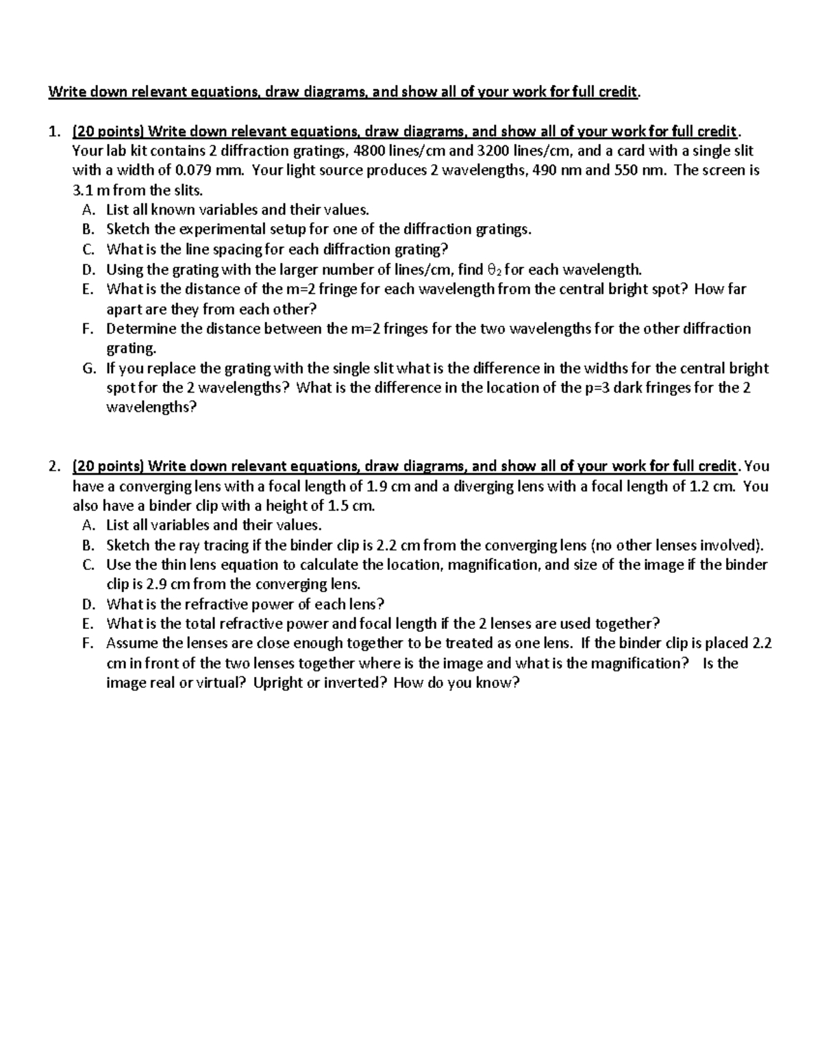 CP2Exam1 - College Physics 2 Exam 1 Open Response - Write down relevant ...