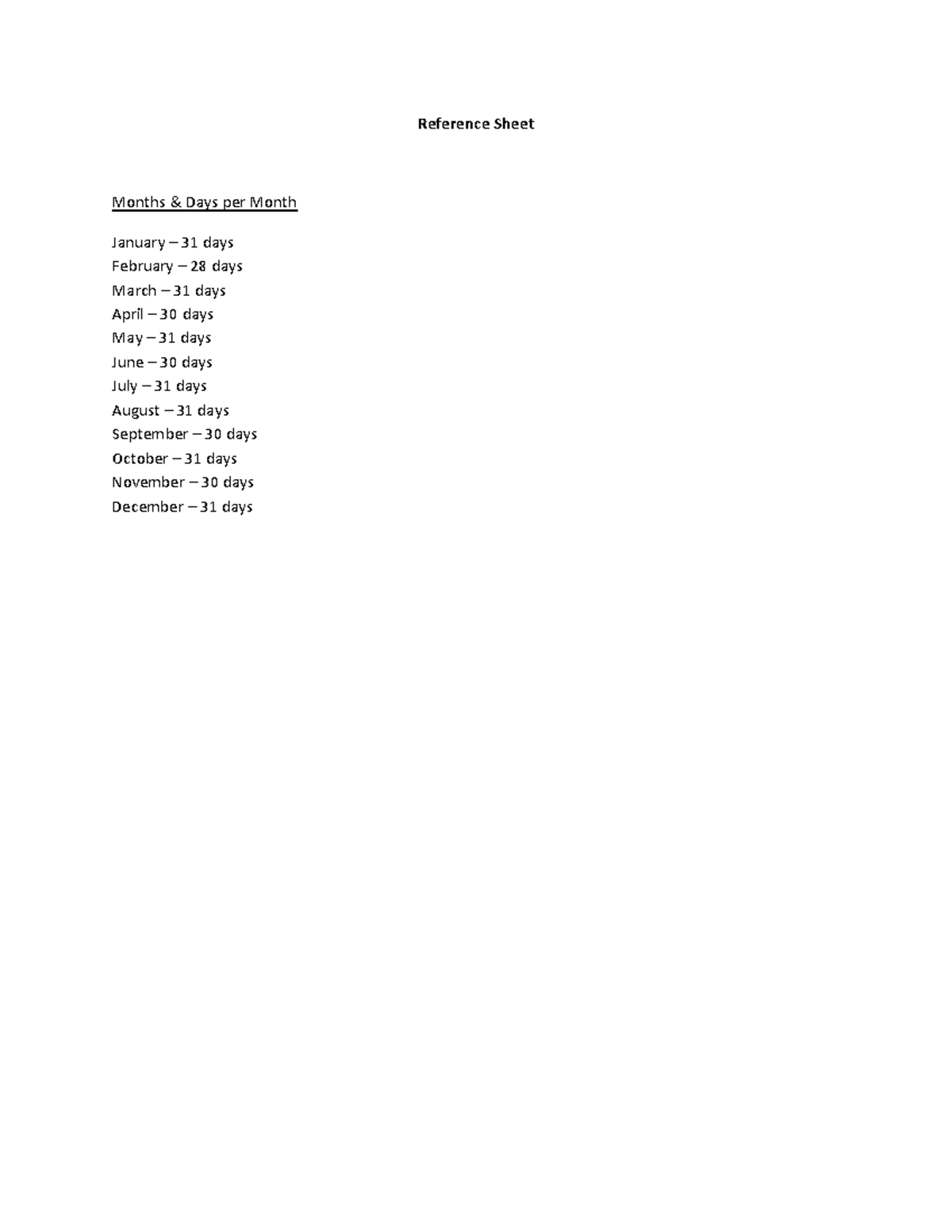 Practice Midterm 1 - Lectures 1 to 4 with Answers - Reference Sheet Months & Days per Month ...