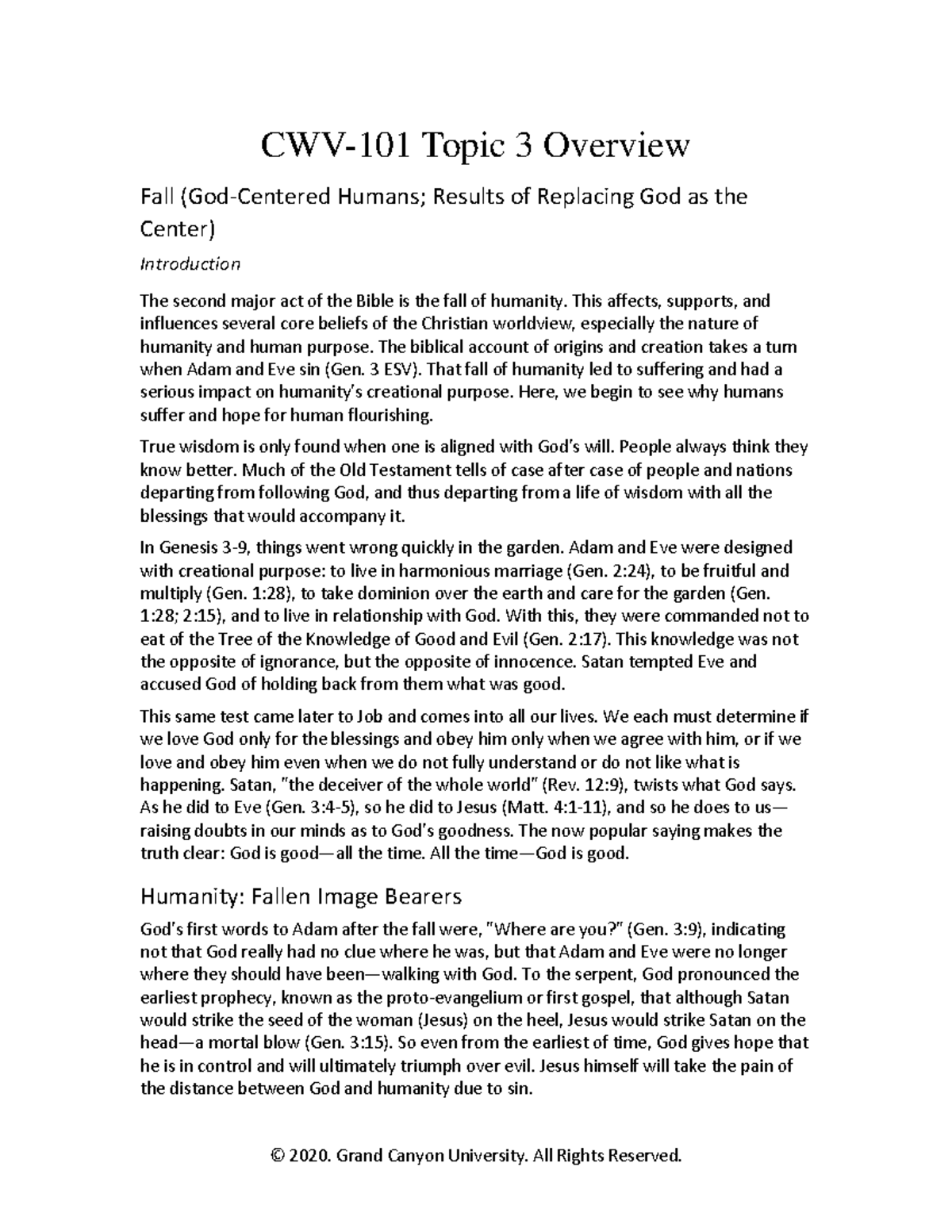 CWV 101 L T3Overview - CWV-101 Topic 3 Overview Fall (God-Centered ...