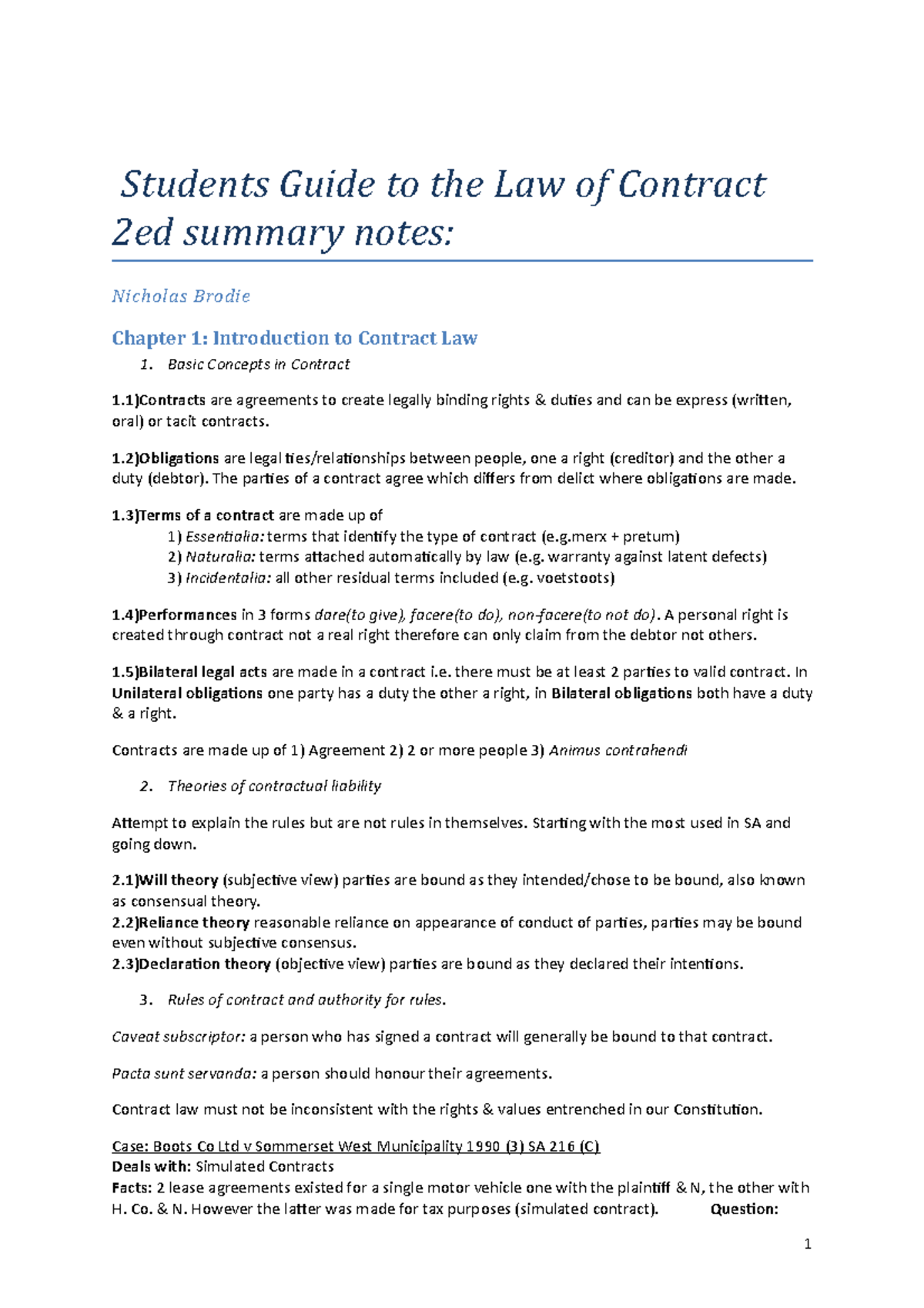 Contract chapter summaries - Students Guide to the Law of Contract 2ed ...