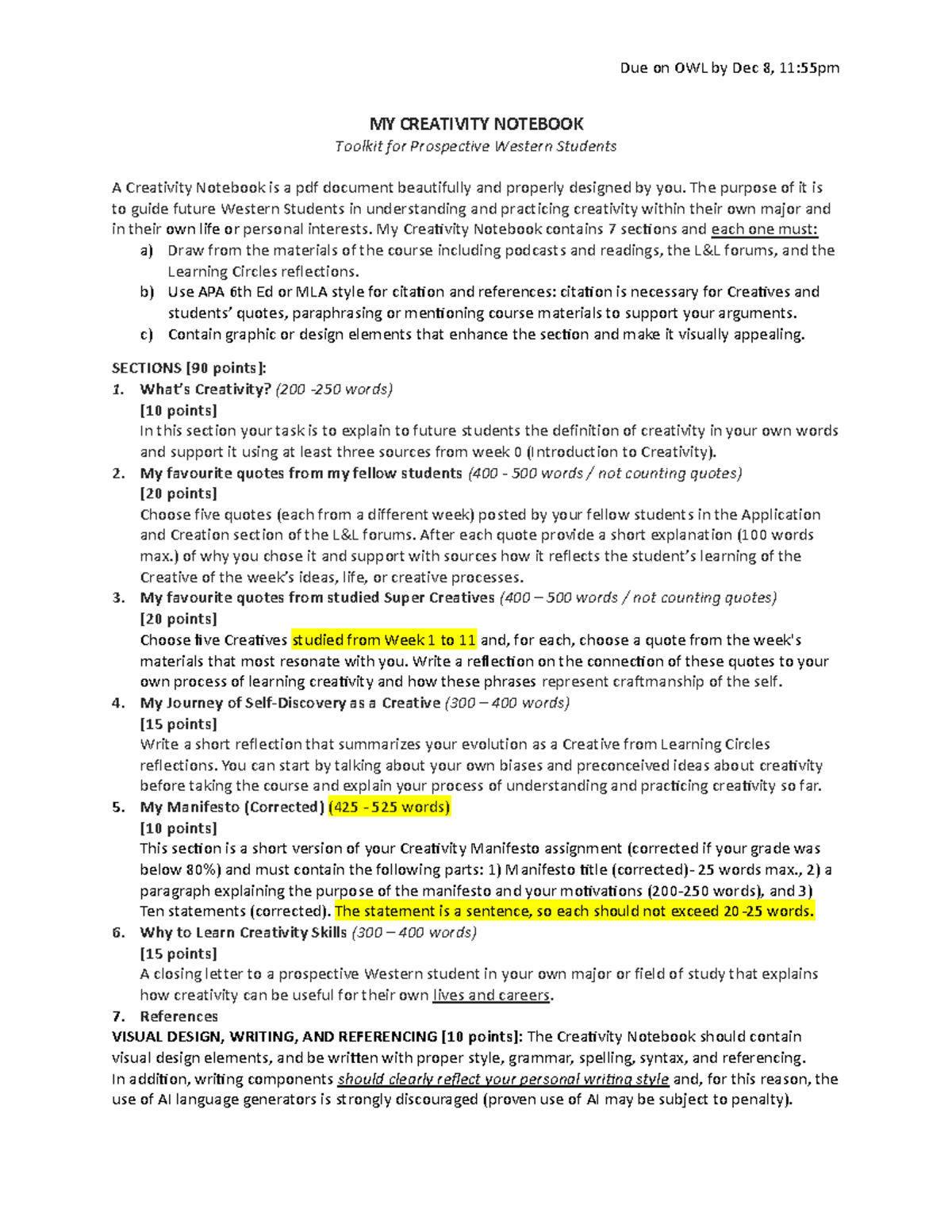 Creativity Notebook/Toolkit Rubric 2120F 2023 - Due on OWL by Dec 8, 11 ...