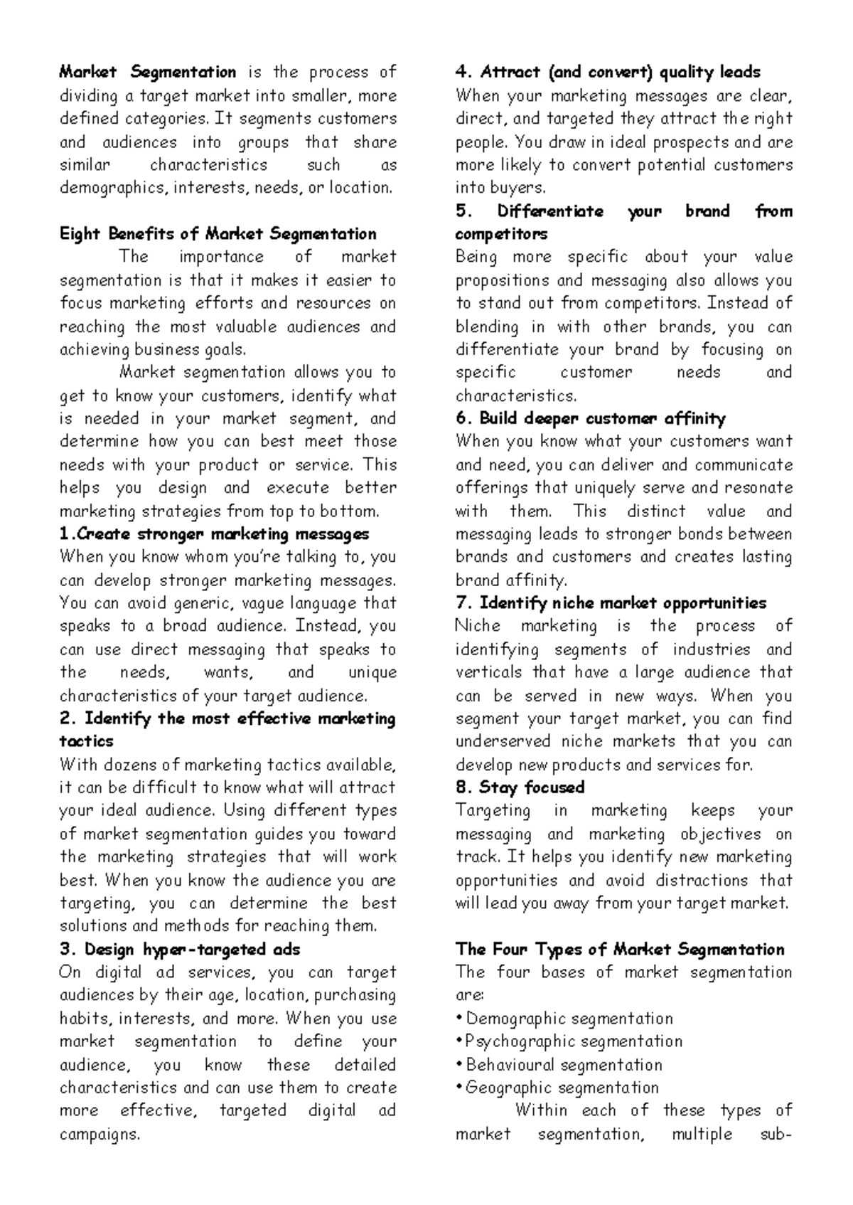 Market Segmentation - for ABM students - Market Segmentation is the ...
