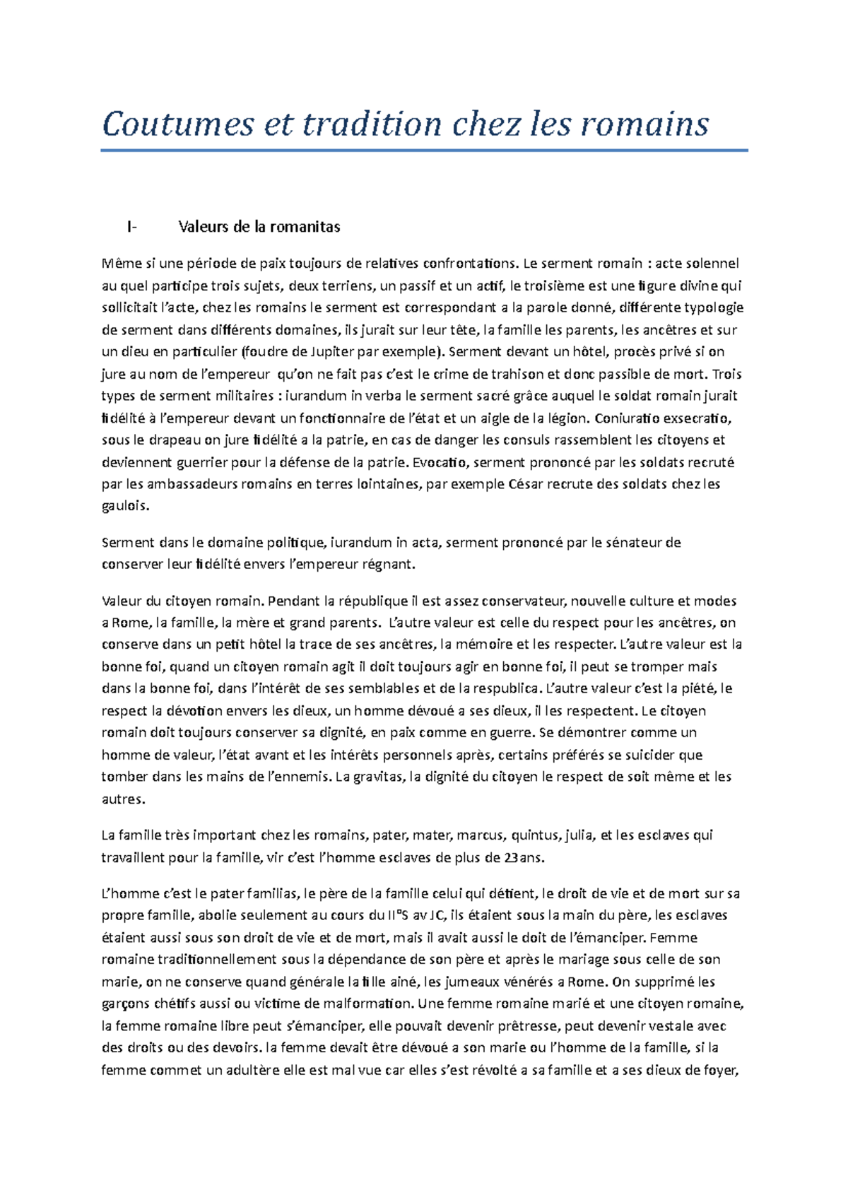 Cours 1 Coutumes et traditions chez les romains - Coutumes et tradition ...