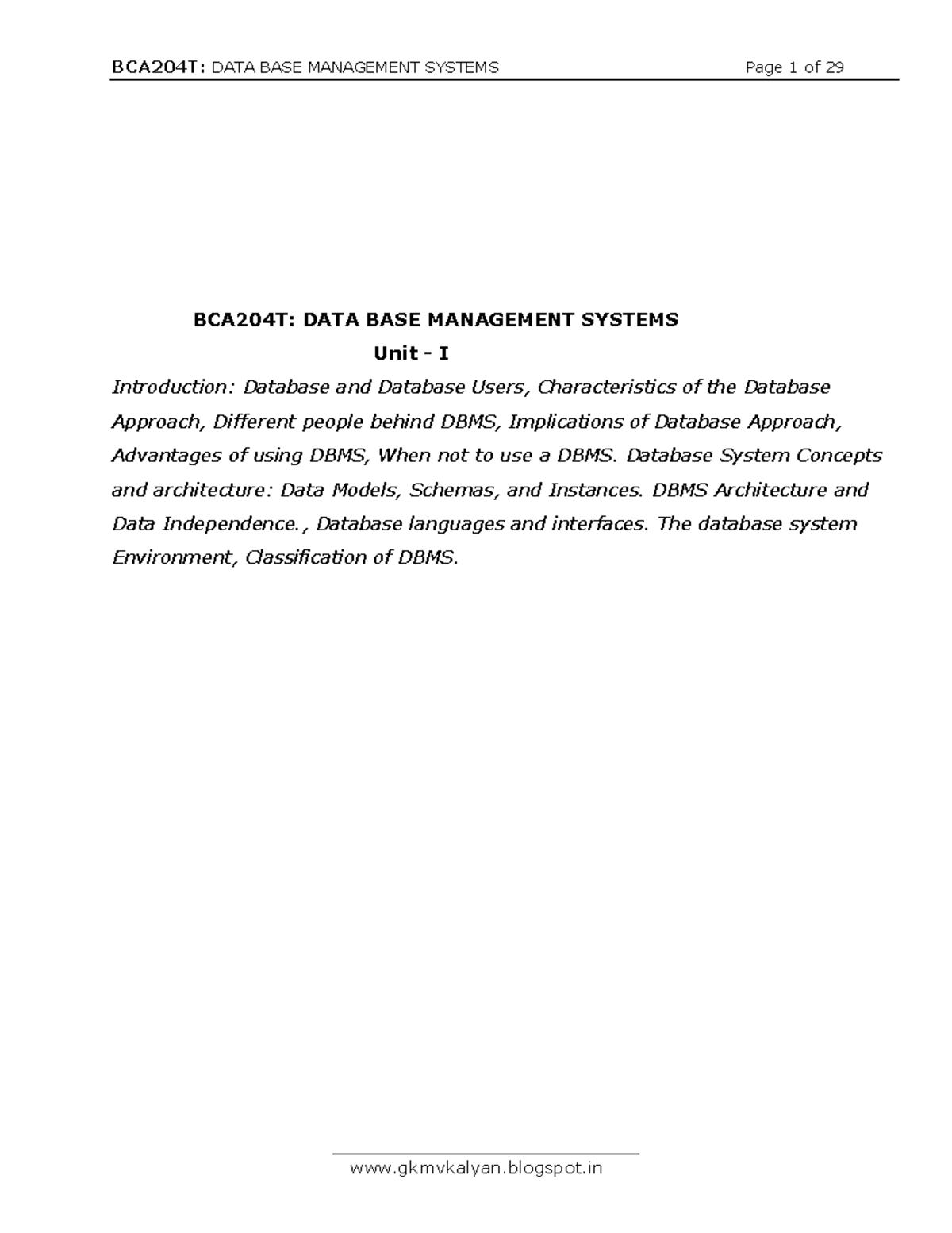 DBMS Notes - 👍🏻 - BCA204T: DATA BASE MANAGEMENT SYSTEMS Unit - I ...