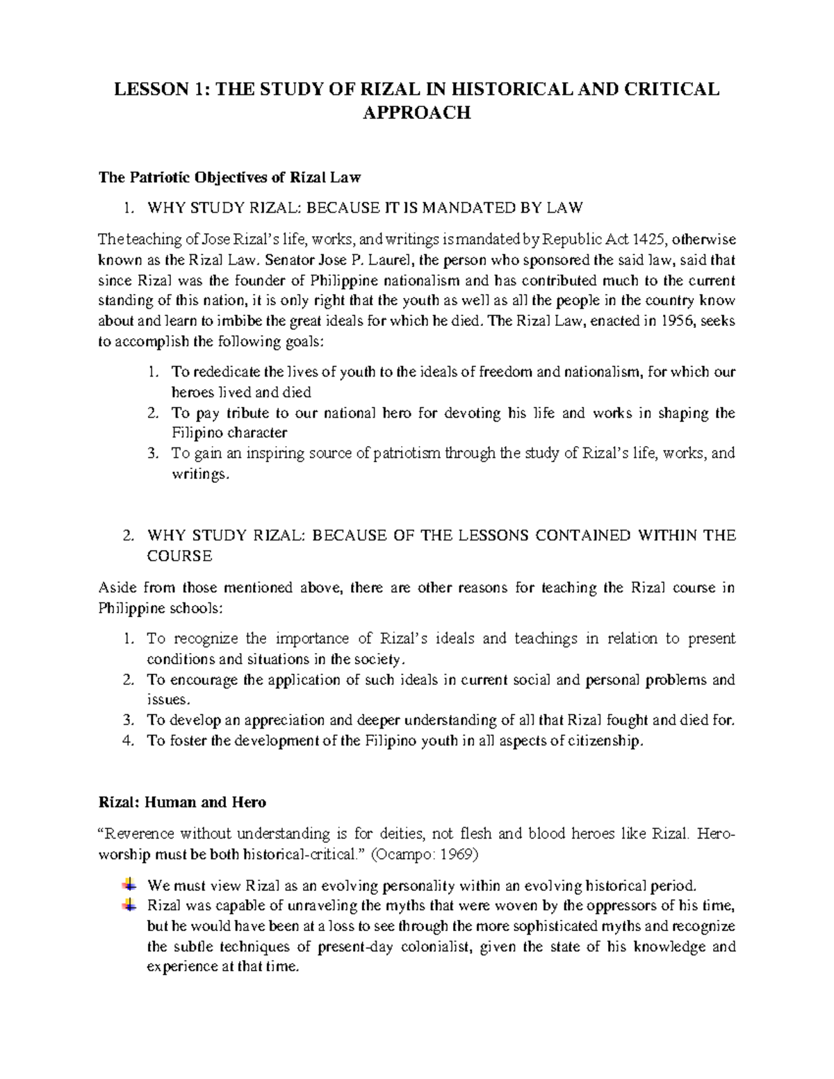 Lesson 1 - Rizal - LESSON 1: THE STUDY OF RIZAL IN HISTORICAL AND ...