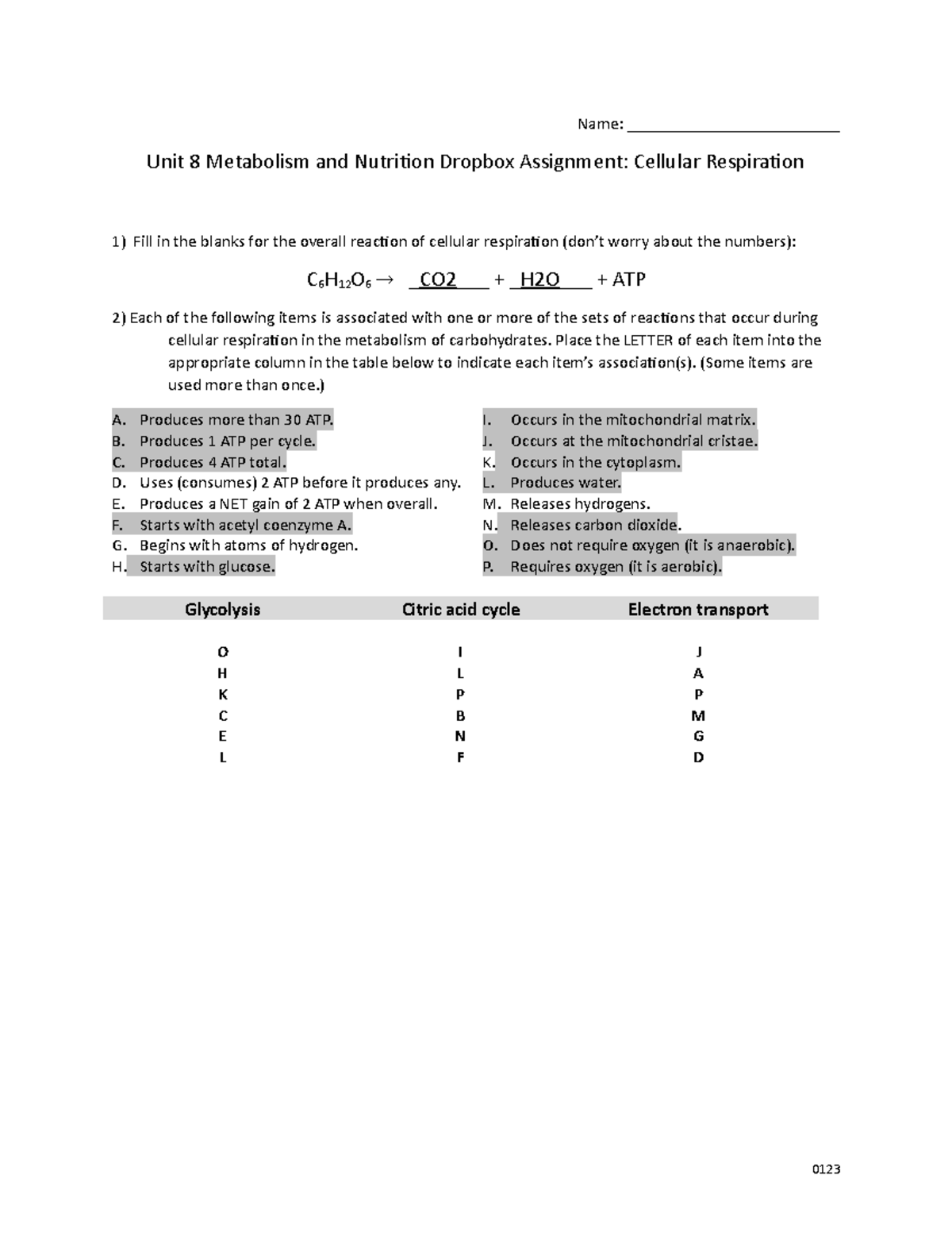 Unt 8 Metabolism Dropbox Worksheet - Name ...