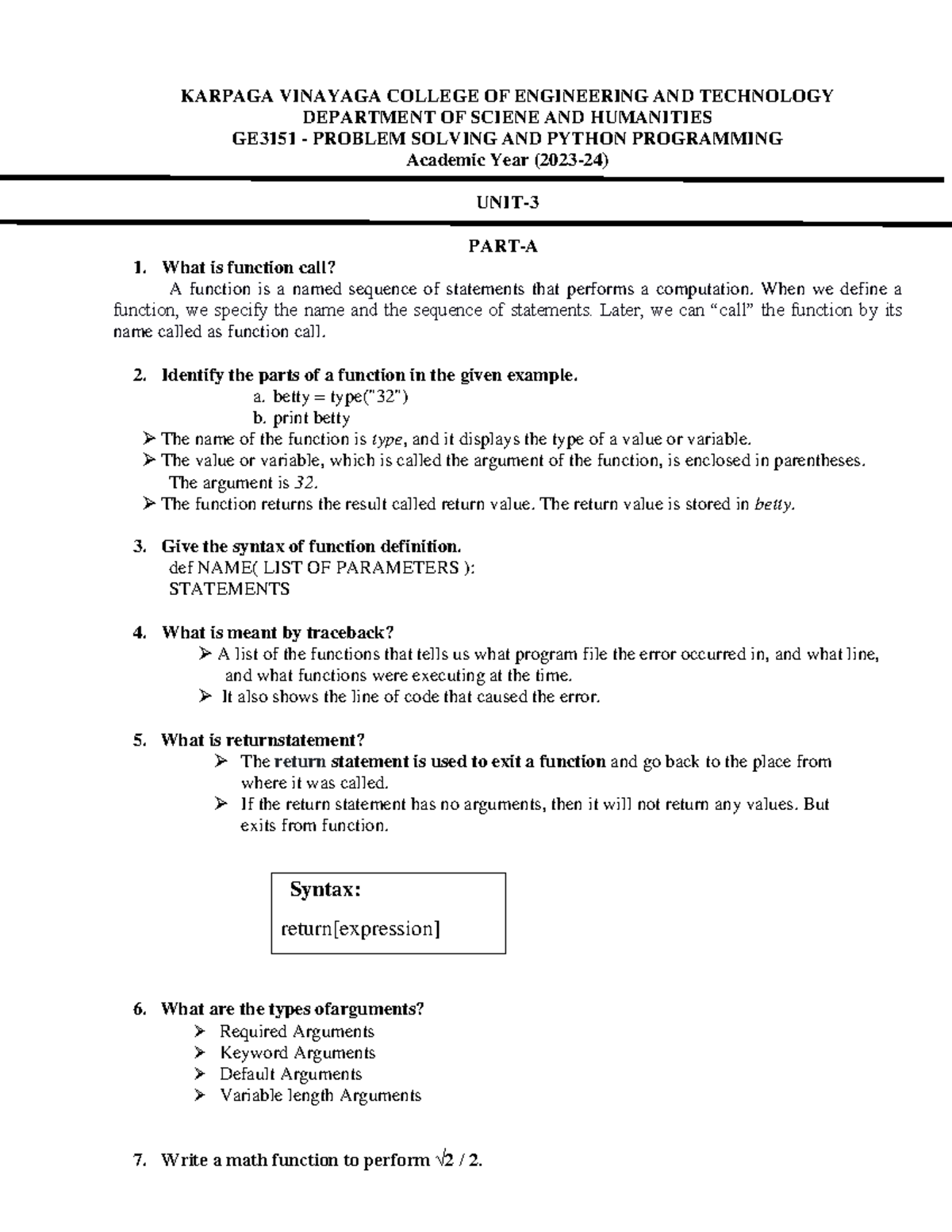 Unit 3 Python Qns And Ans Be 1 Yr Syntax Return Expression Karpaga Vinayaga College Of