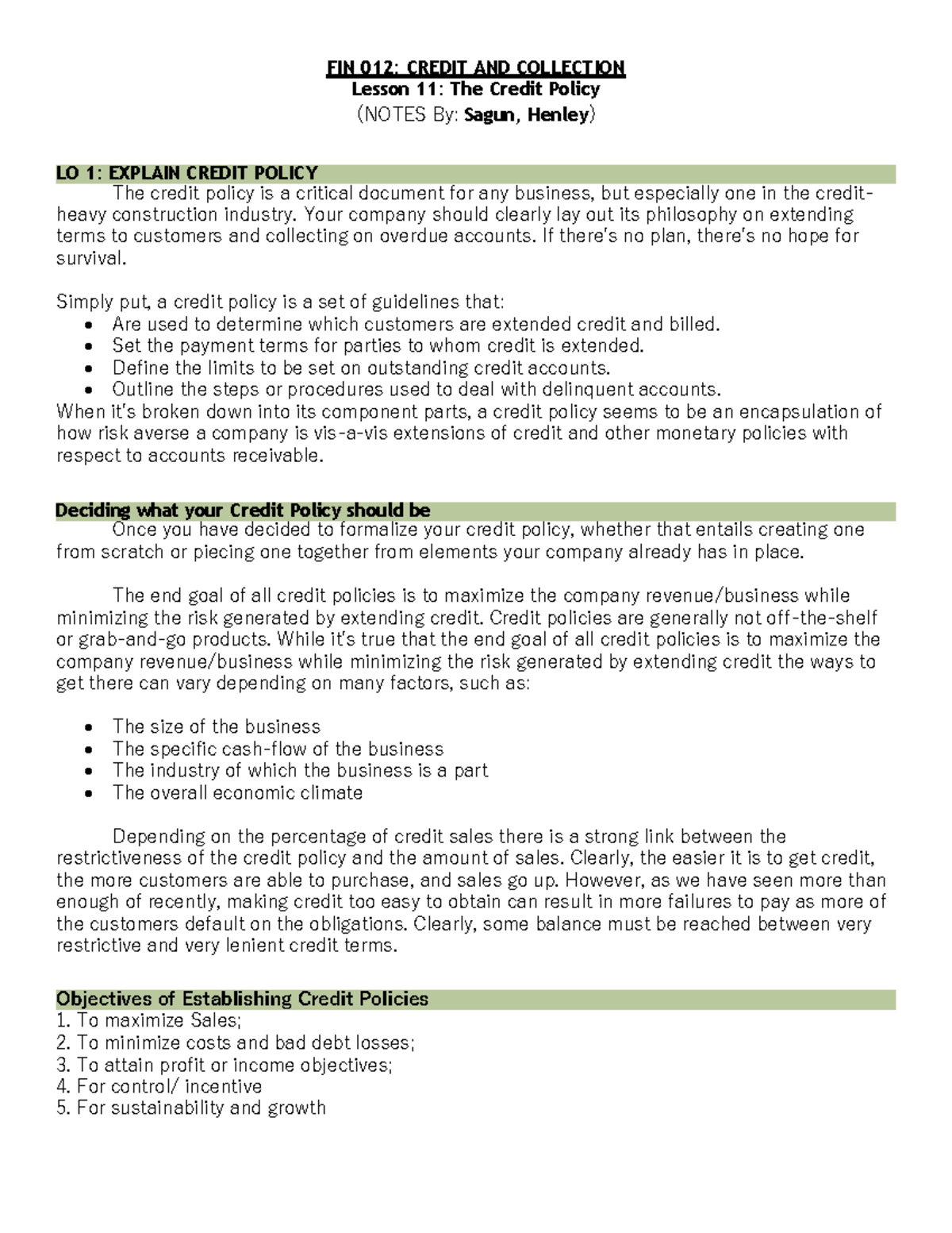 FIN 012 ( Credit AND Collection) P2 - Reviewer - FIN 012: CREDIT AND ...