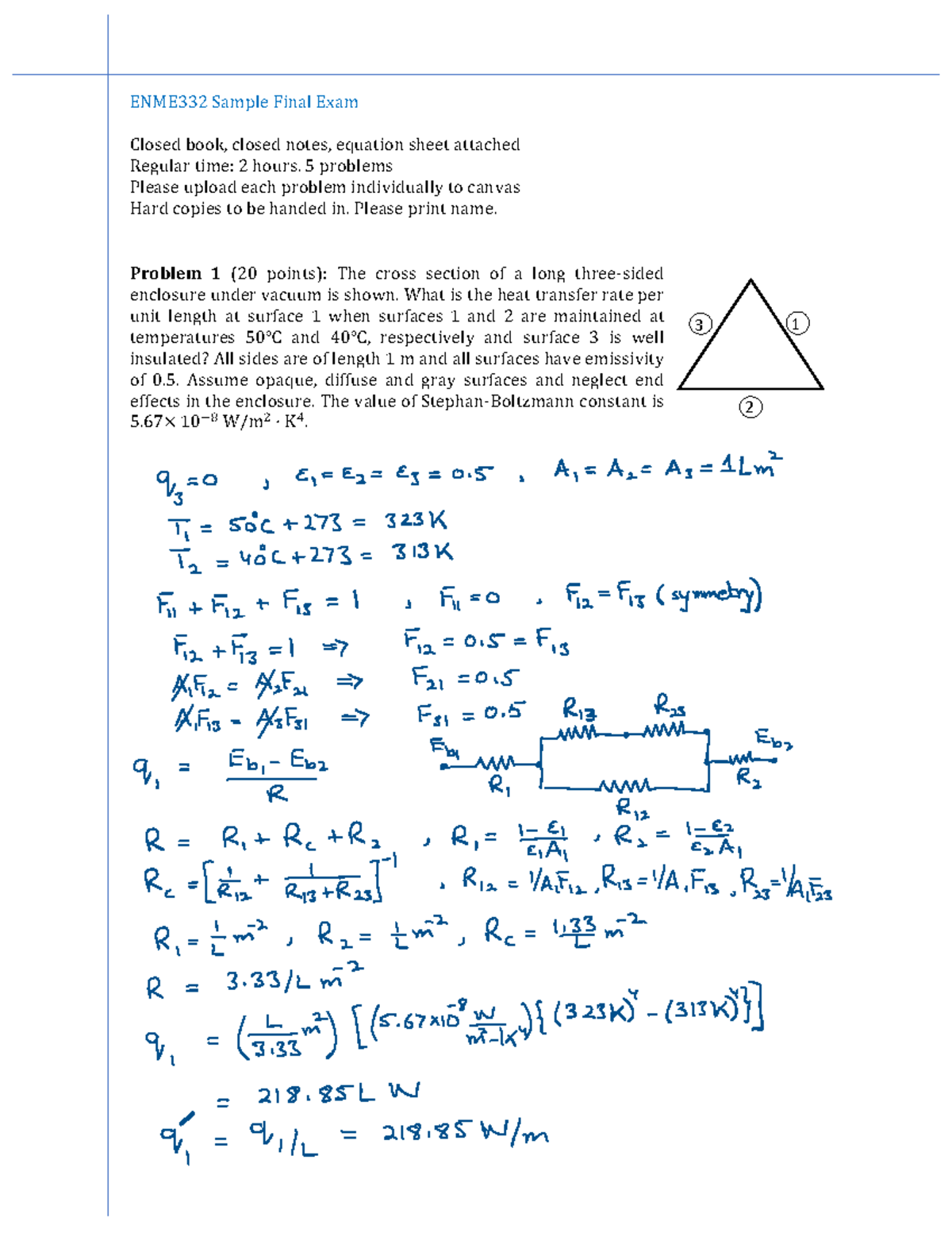 Final exam sample - n/z - ENME332 Sample Final Exam Closed book, closed ...