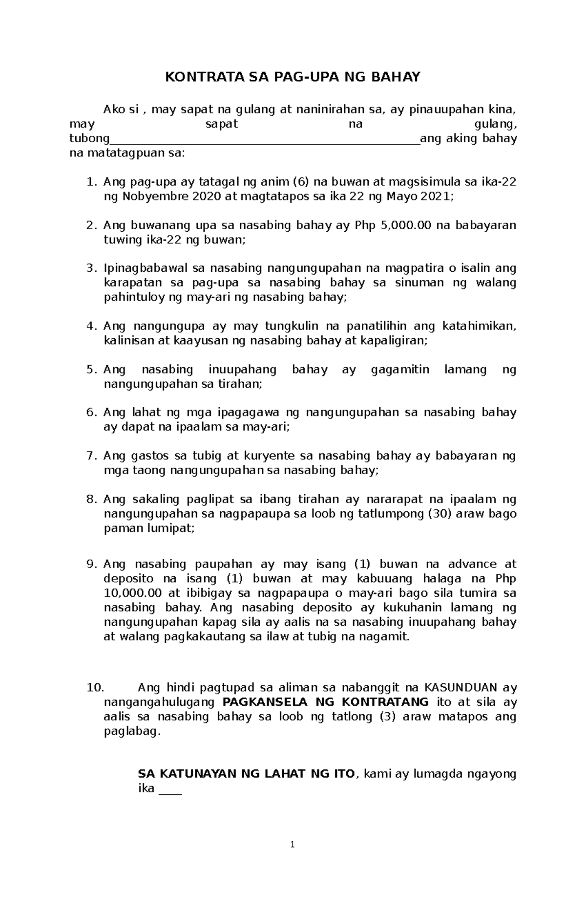 Contract of Rent - KONTRATA SA PAG-UPA NG BAHAY Ako si , may sapat na ...