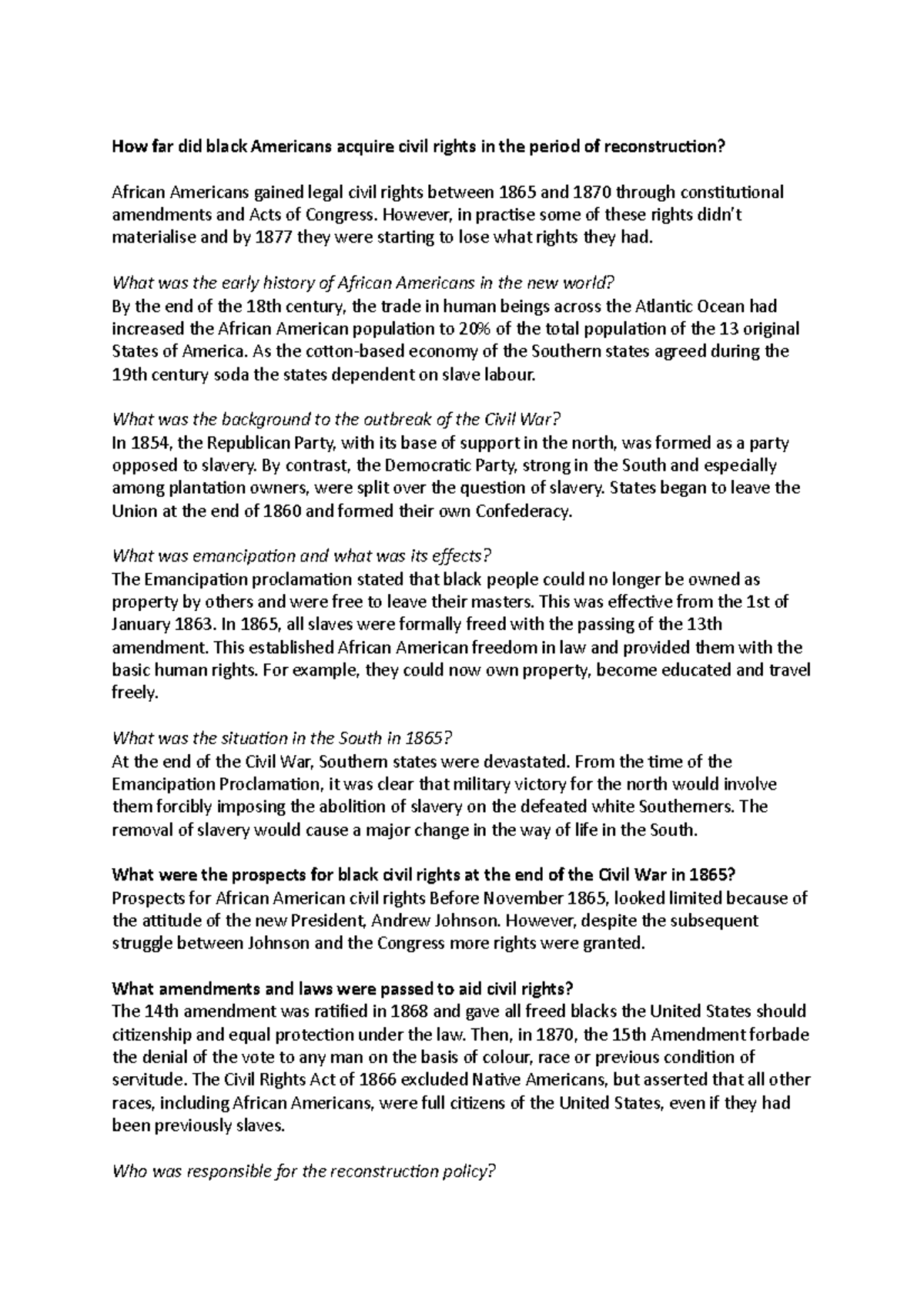 A.A - notes on first chapter - How far did black Americans acquire ...