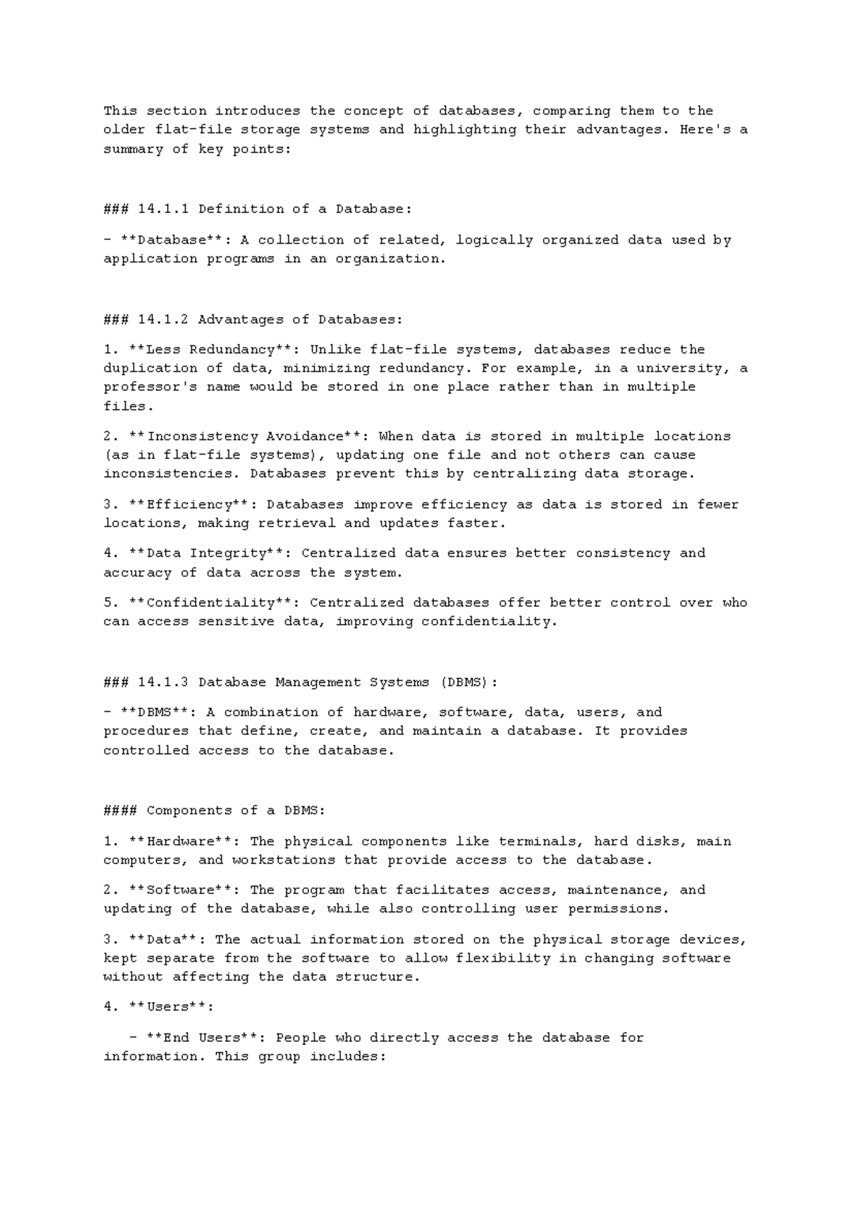 Summary of Chapter 14 - This section introduces the concept of databases, comparing them to the ...