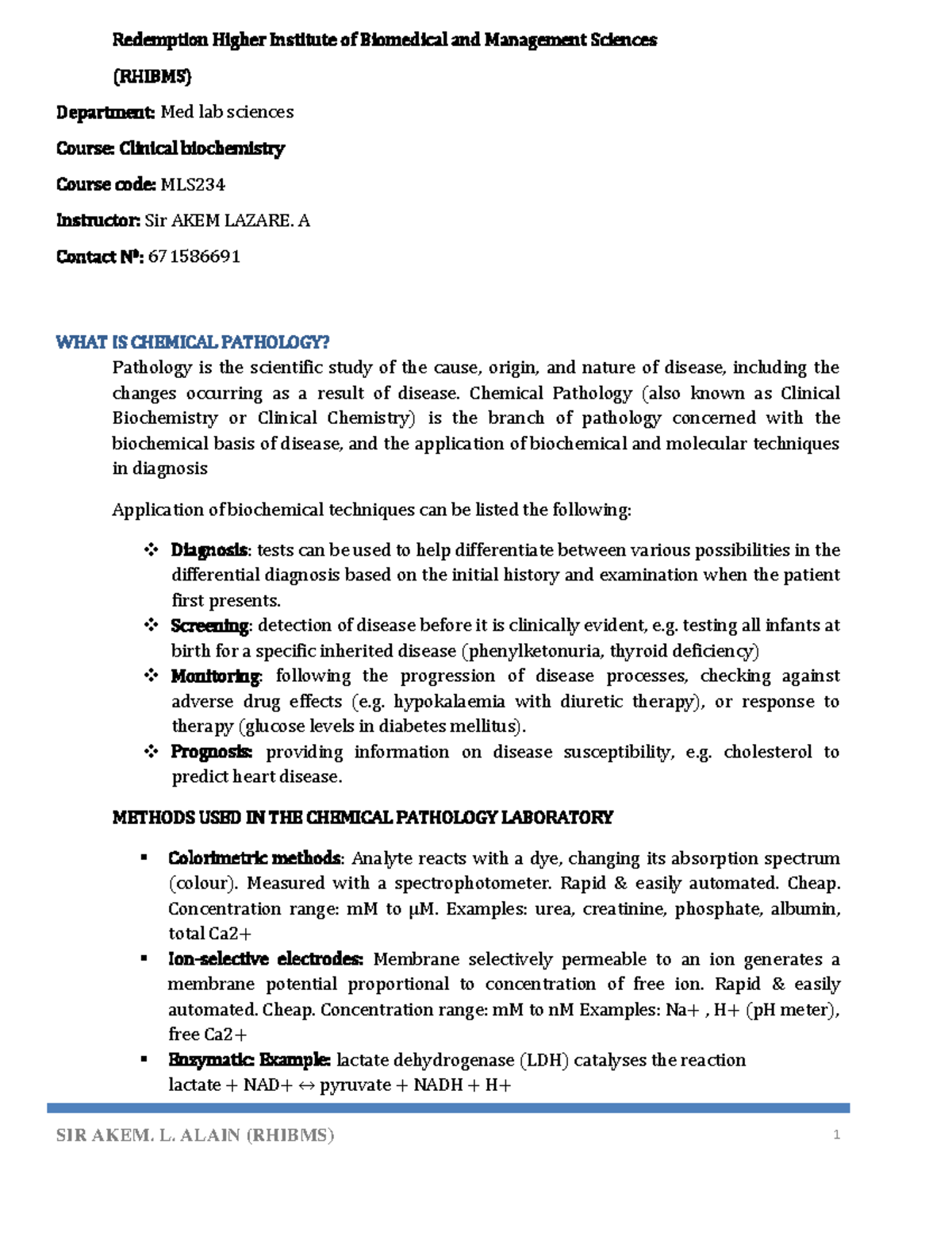 Clinical CHEM 1 - Redemption Higher Institute of Biomedical and ...