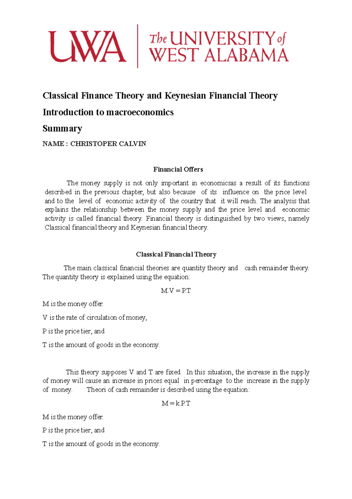 Classical finance theory and Keynesian financial theory - Classical ...