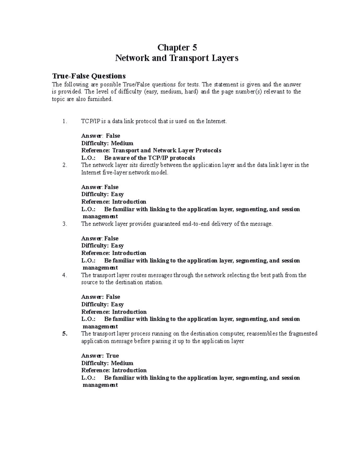 Ch05 - course info - Chapter 5 Network and Transport Layers True-False ...