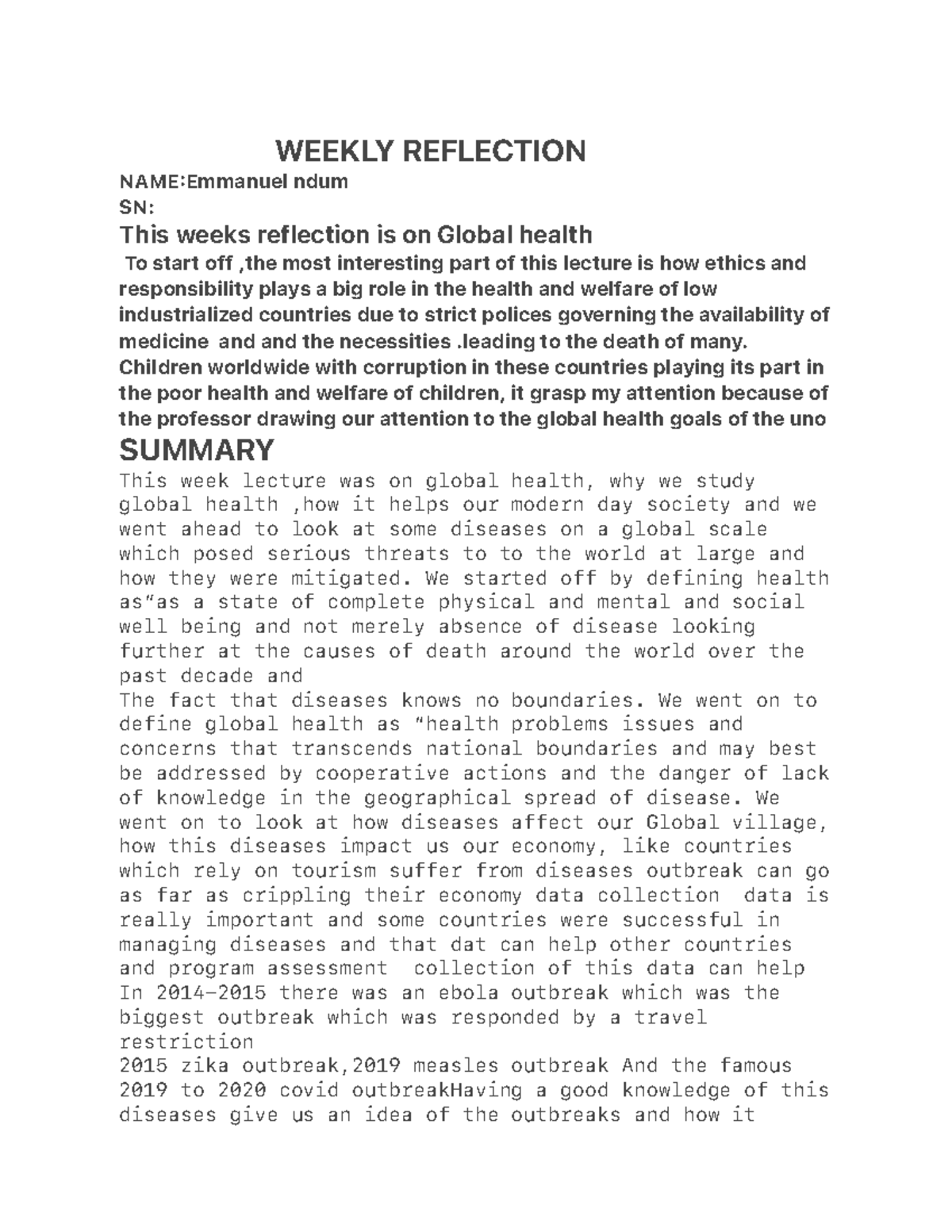 Weekly Reflection for the 19 - WEEKLY REFLECTION NAME:Emmanuel ndum SN ...