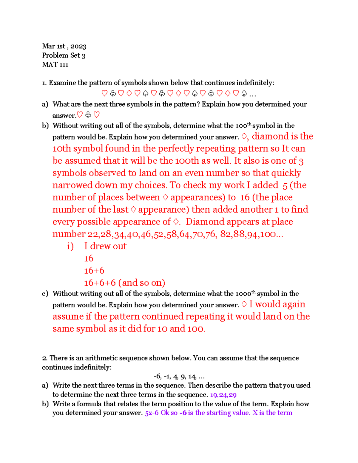 Prob set 3 - Math of patterns problem set 1 - Mar 1st , 2023 Problem Set 3 MAT 111 Examine the ...