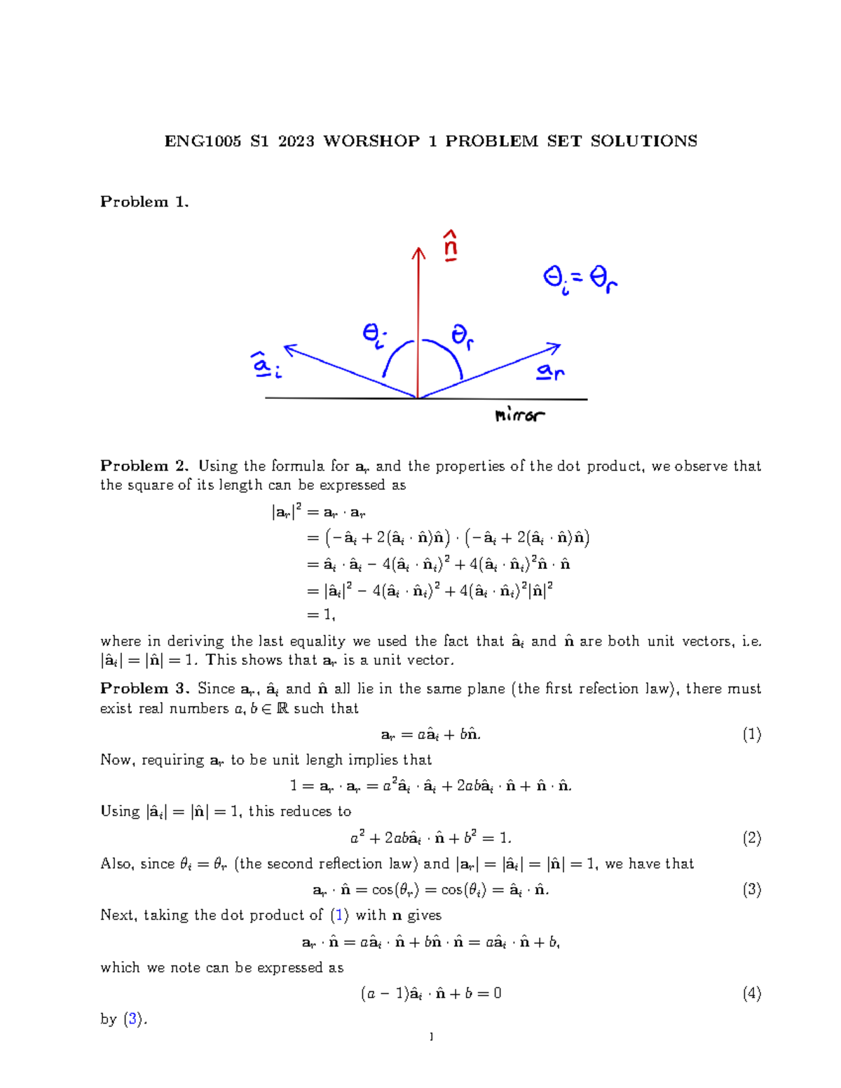 Vectors, lines and planes - ENG1005 S1 2023 WORSHOP 1 PROBLEM SET SOLUTIONS Problem 1. Problem 2 ...