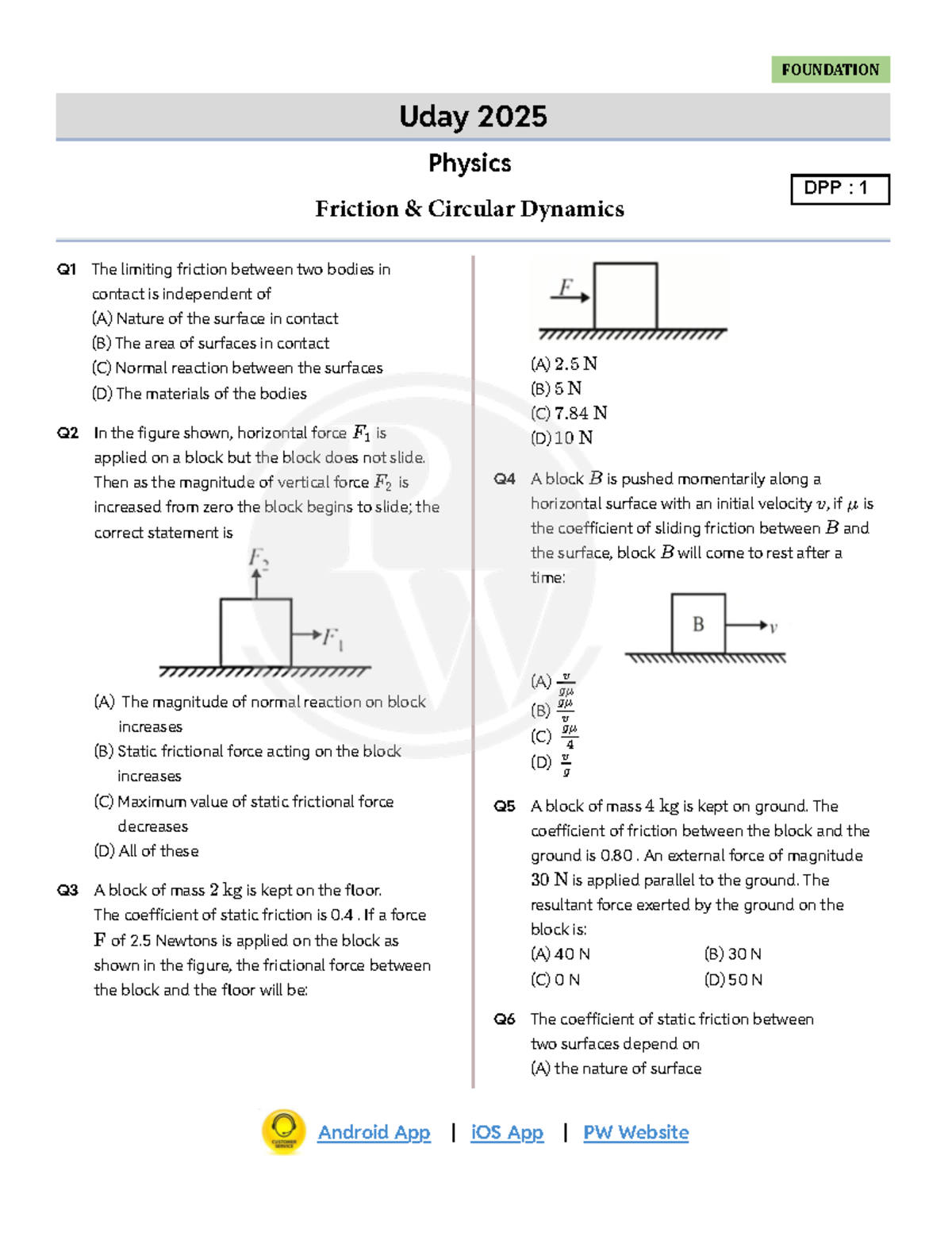 Friction & Circular Dynamics DPP 01 Uday 2025 - Uday 2025 Q1 The ...