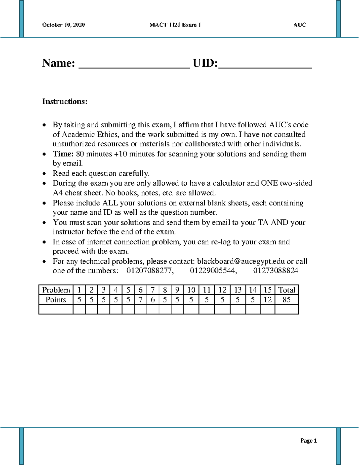 Mact 1121, Fall 2020, Exam1 Oct - Name: ___________________ UID ...