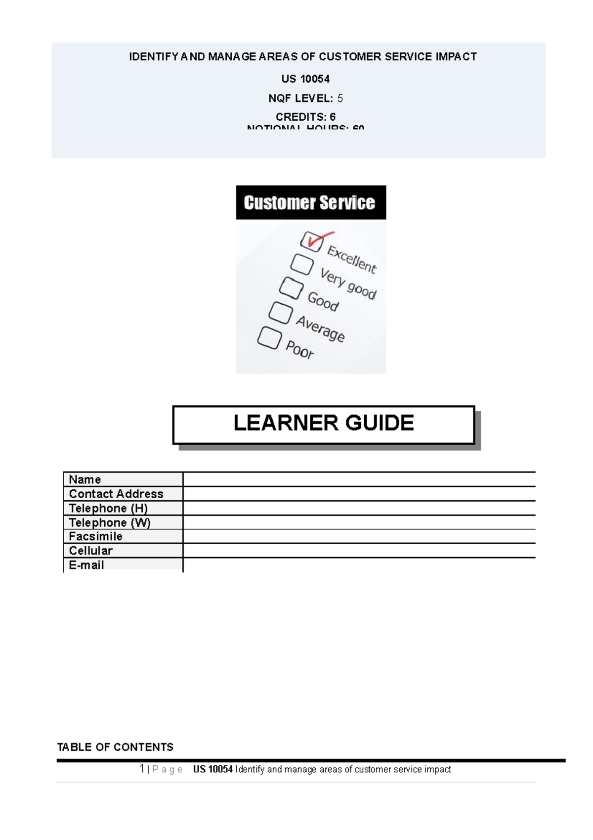 10054 Learner’s guide - management - TABLE OF CONTENTS IDENTIFY AND ...
