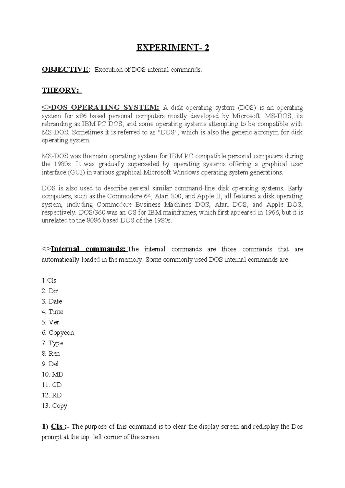 DOS INTERNAL COMMAND - EXPERIMENT- 2 – 2 OBJECTIVE: Execution of DOS ...