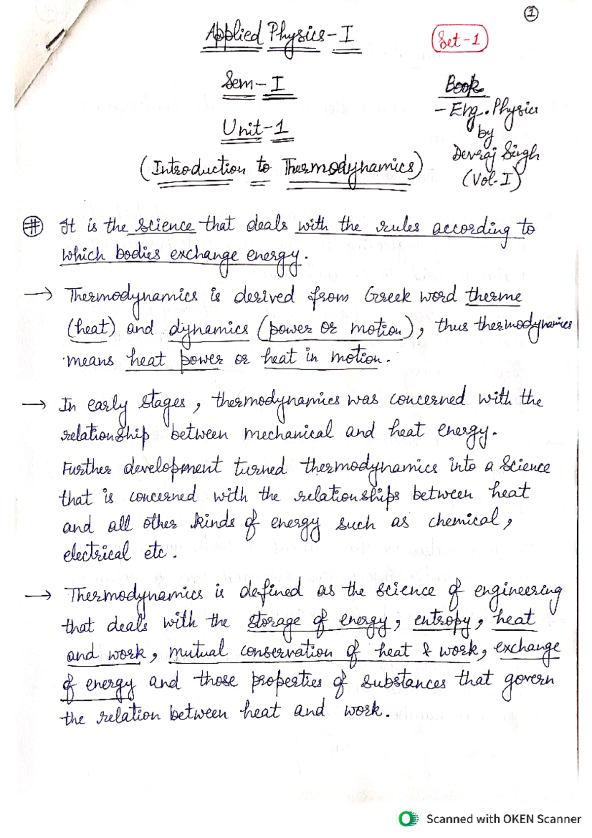 Thermodynamics Note by Devraj Singh - 1 Applied Set 1 Book (Introduction to Thermodynamics ...