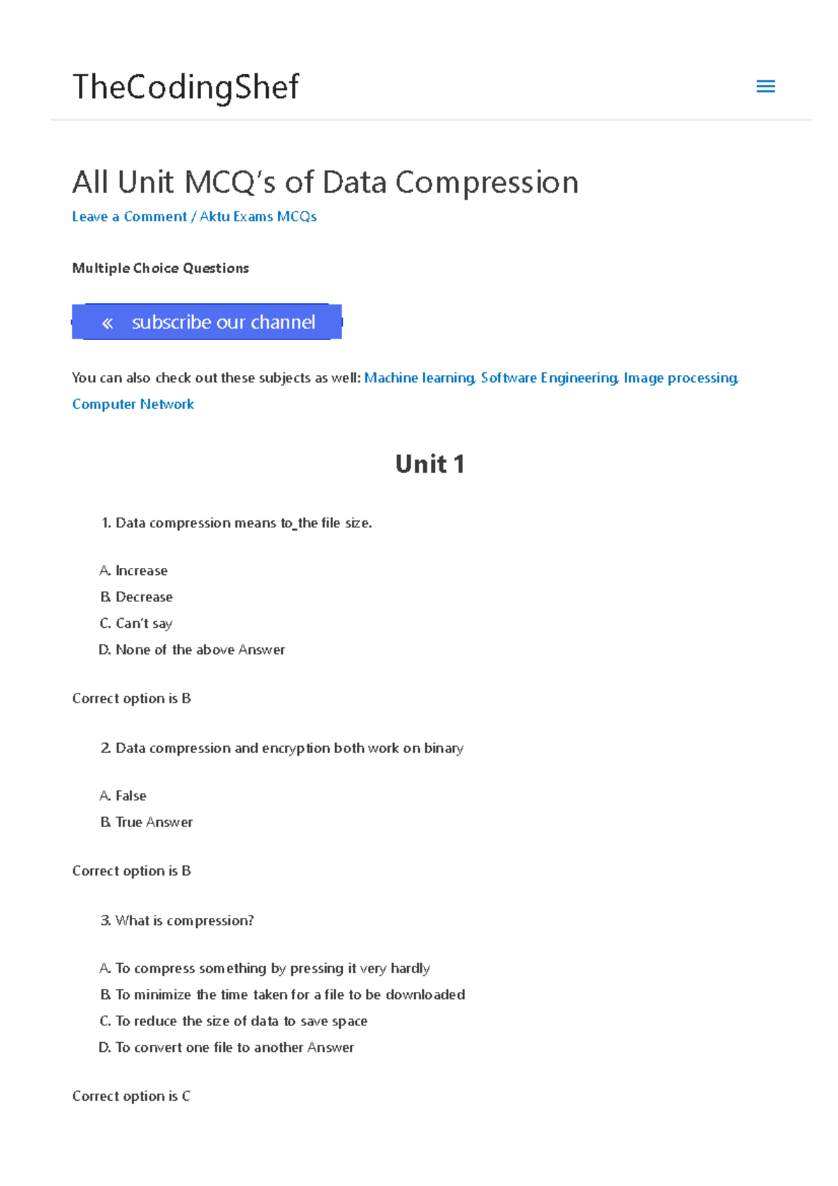 Thecodingshef com all unit mcqs of data compression - All Unit MCQ’s of Data Compression Leave a ...