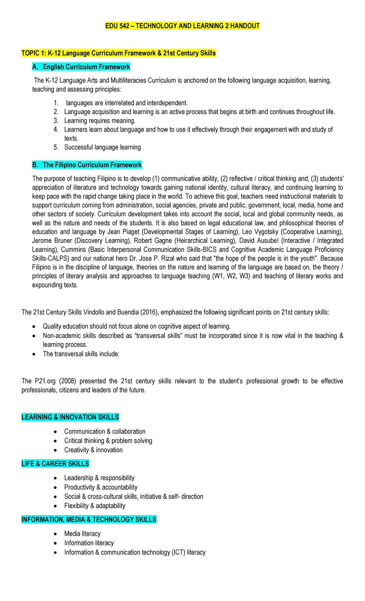 EDU 542 Technology AND Learning 2 Handout - EDU 542 – TECHNOLOGY AND ...