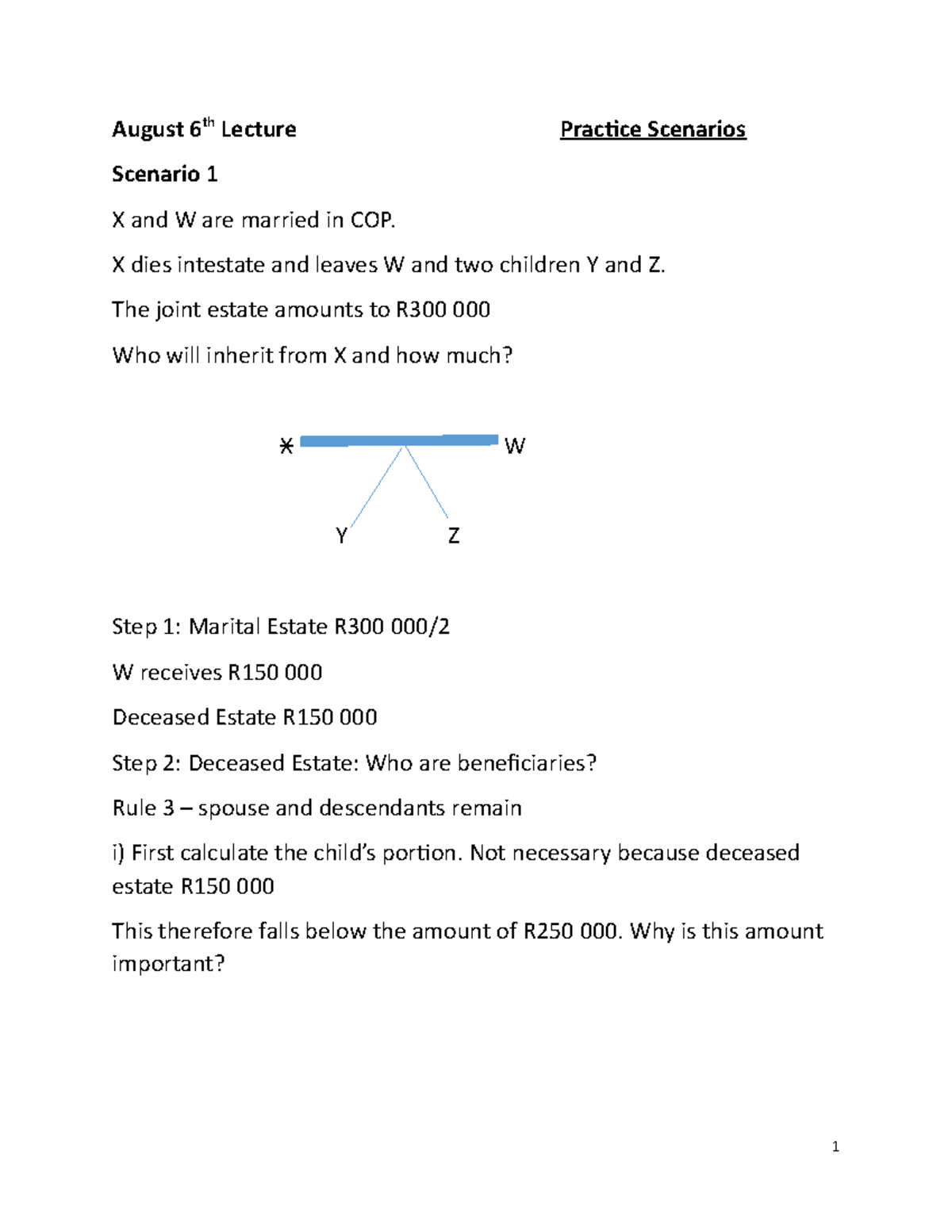 August 6th Succession Scenarios - August 6th Lecture Practice Scenarios Scenario 1 X and W are ...