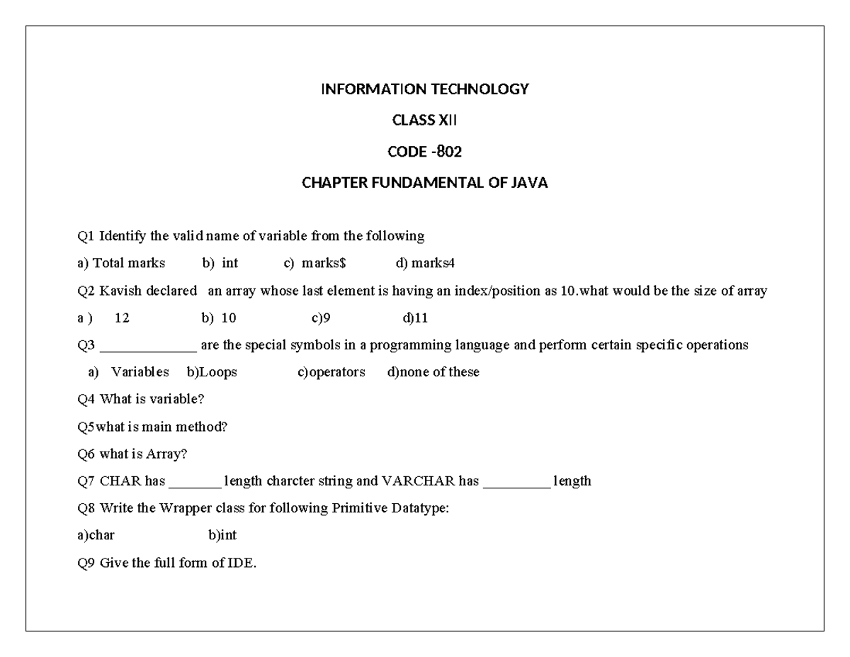 Information Technology java mcq - INFORMATION TECHNOLOGY CLASS XII CODE - CHAPTER FUNDAMENTAL OF ...