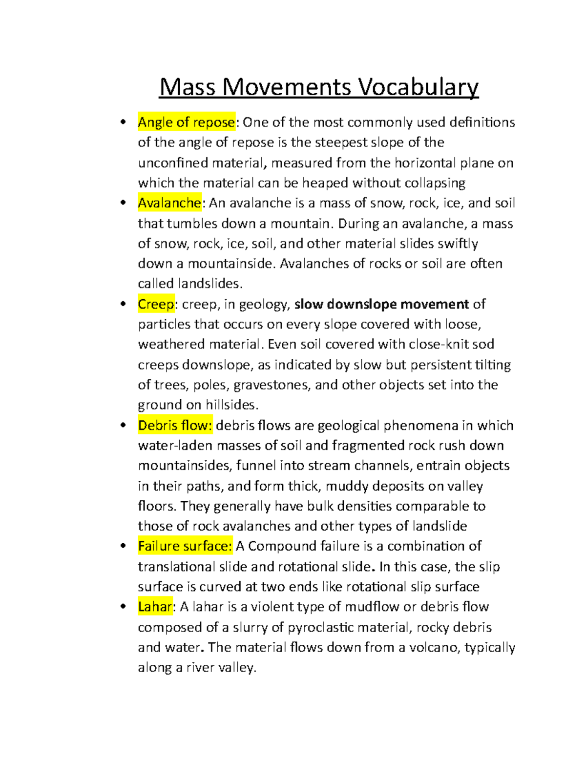 Mass Movements Vocabulary - During an avalanche, a mass of snow, rock ...