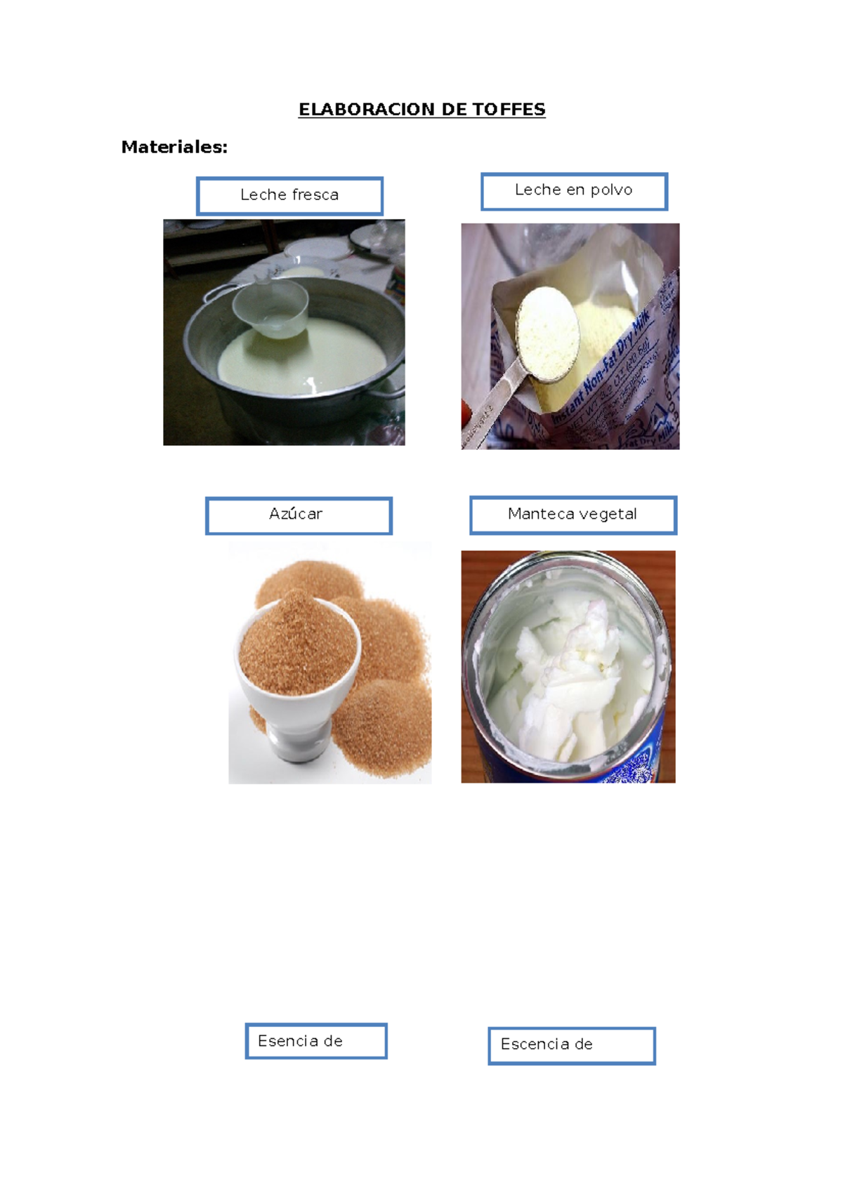 Elaboracion-de-toffes - ELABORACION DE TOFFES Materiales: Leche fresca ...
