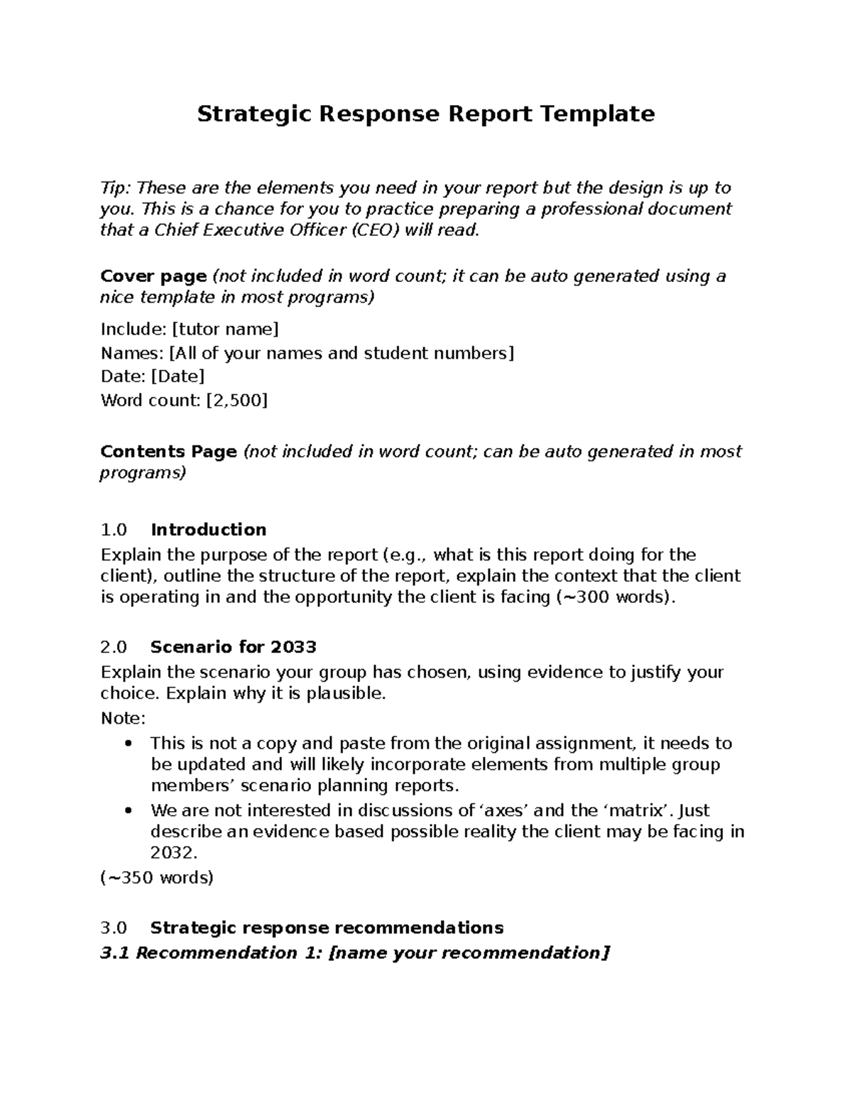 BSB105 A2 template 2023 v2 - Strategic Response Report Template Tip ...