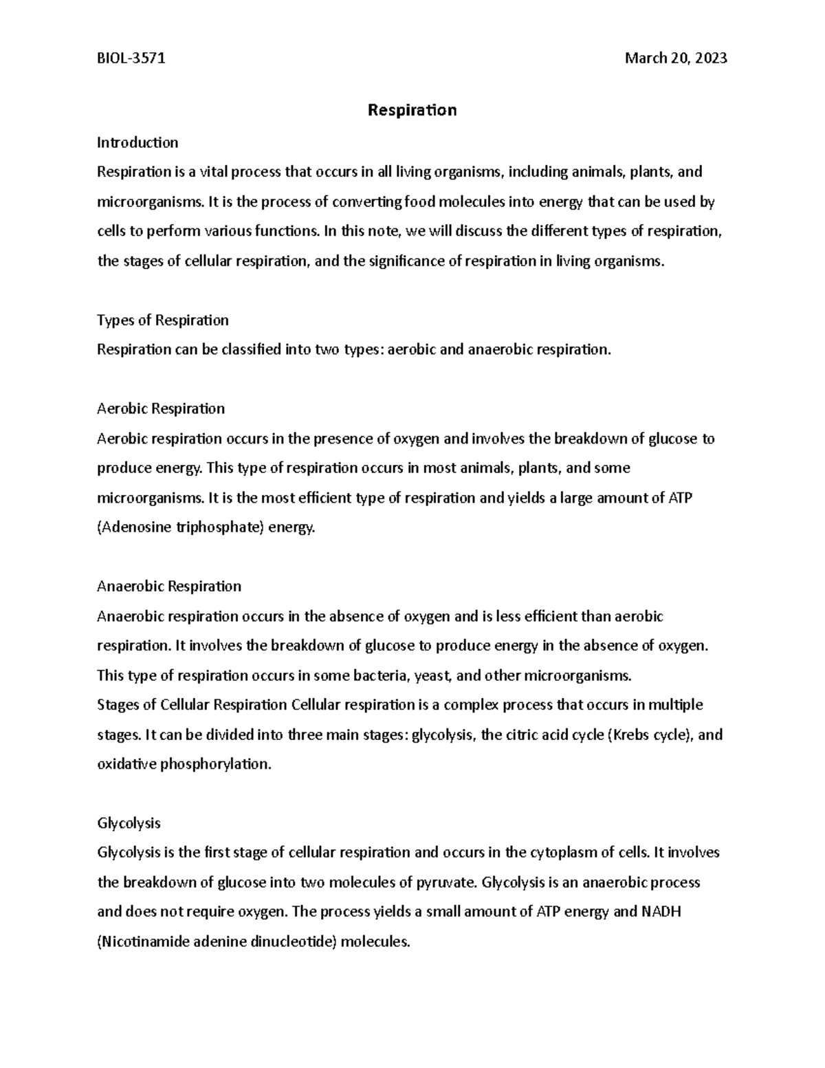 BIOL-3571: Respiration - BIOL-3571 March 20, 2023 Respiration ...