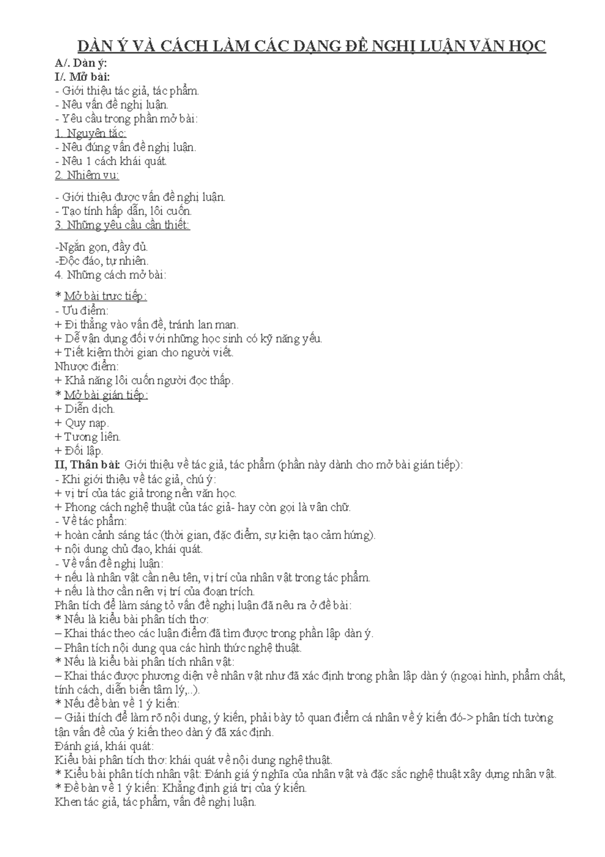 DÀN Ý VÀ CÁCH LÀM CÁC DẠNG ĐỀ NGHỊ LUẬN VĂN HỌC - Dàn ý: I/. Mở bài ...