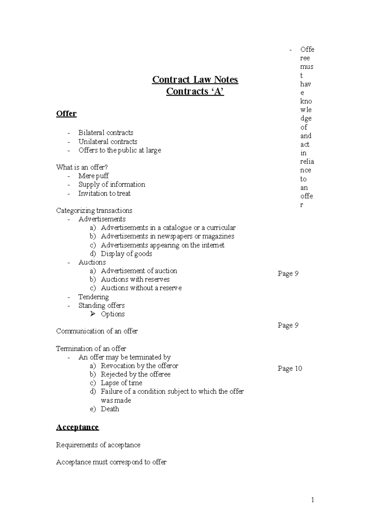 Contracts - Study Notes - Contract Law Notes Contracts ‘A’ Offer ...