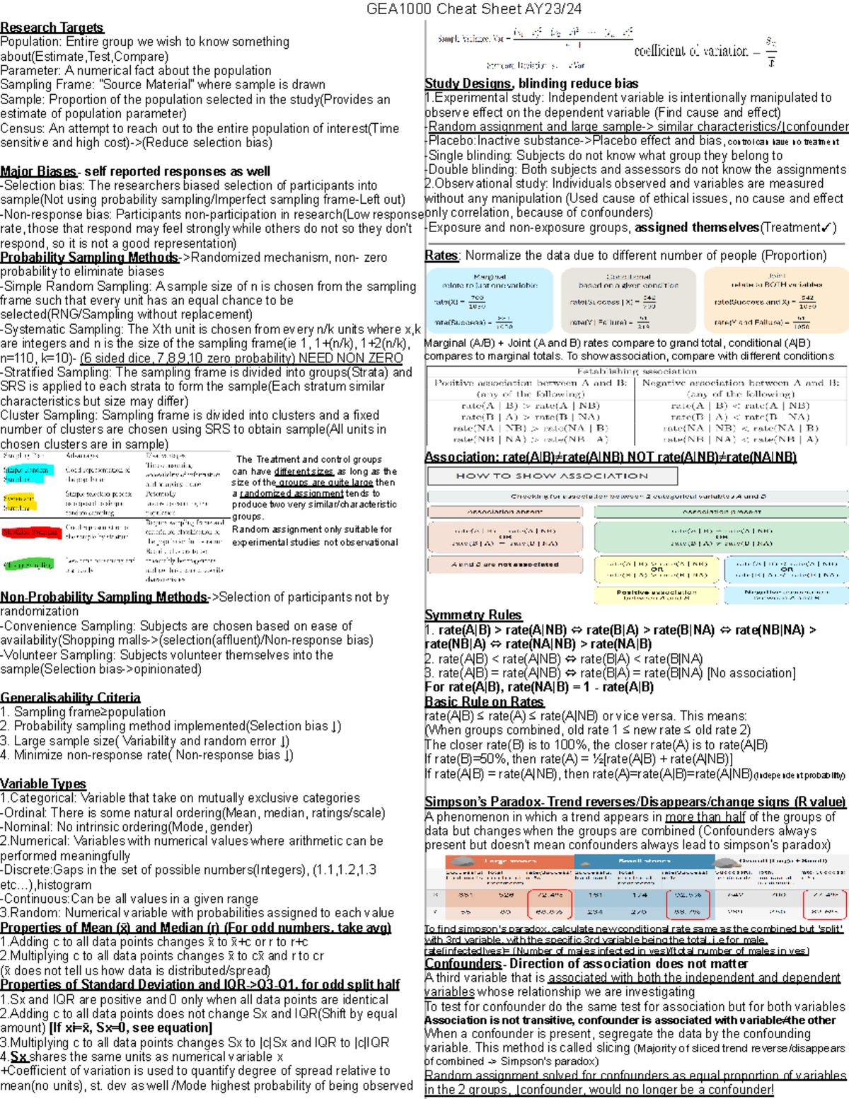 GEA Cheatsheet NEW - GEA1000 Cheat Sheet AY23/ Research Targets Population: Entire group we wish ...