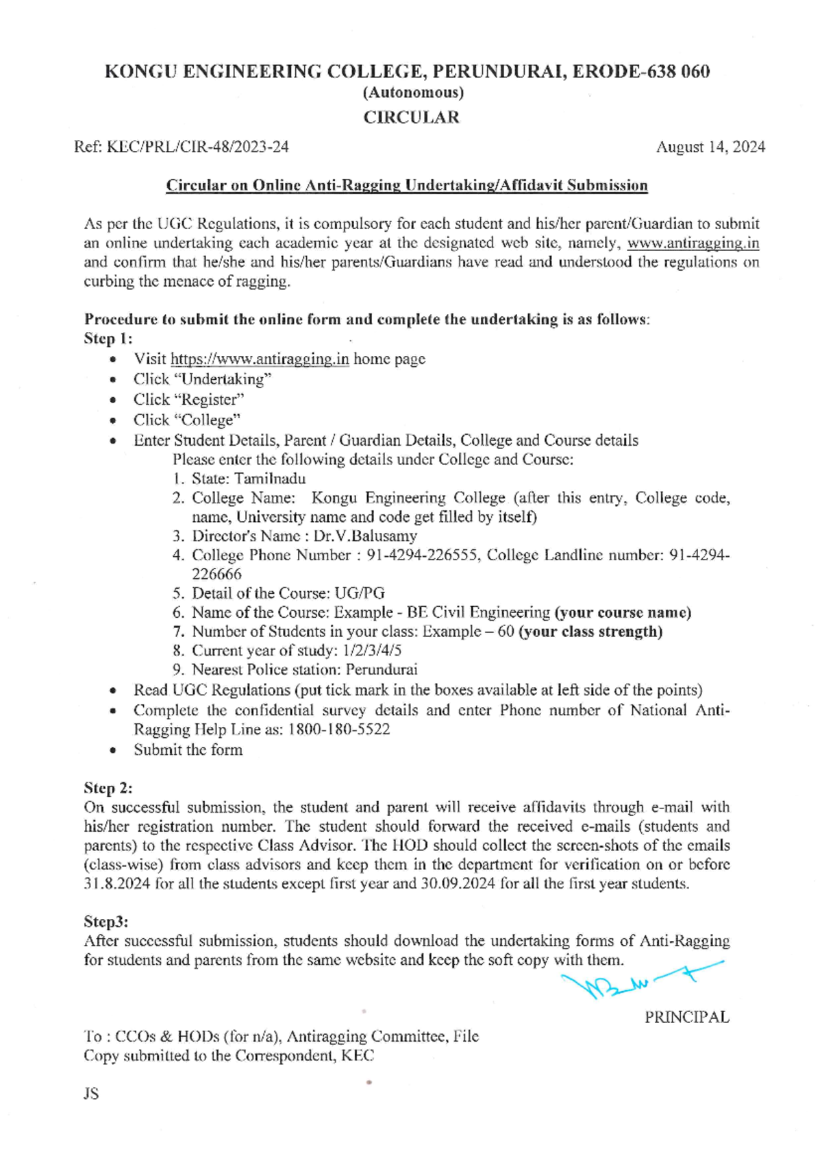 Circular 48 Anti Ragging Undertaking and Affidavit submission - KONGU ...