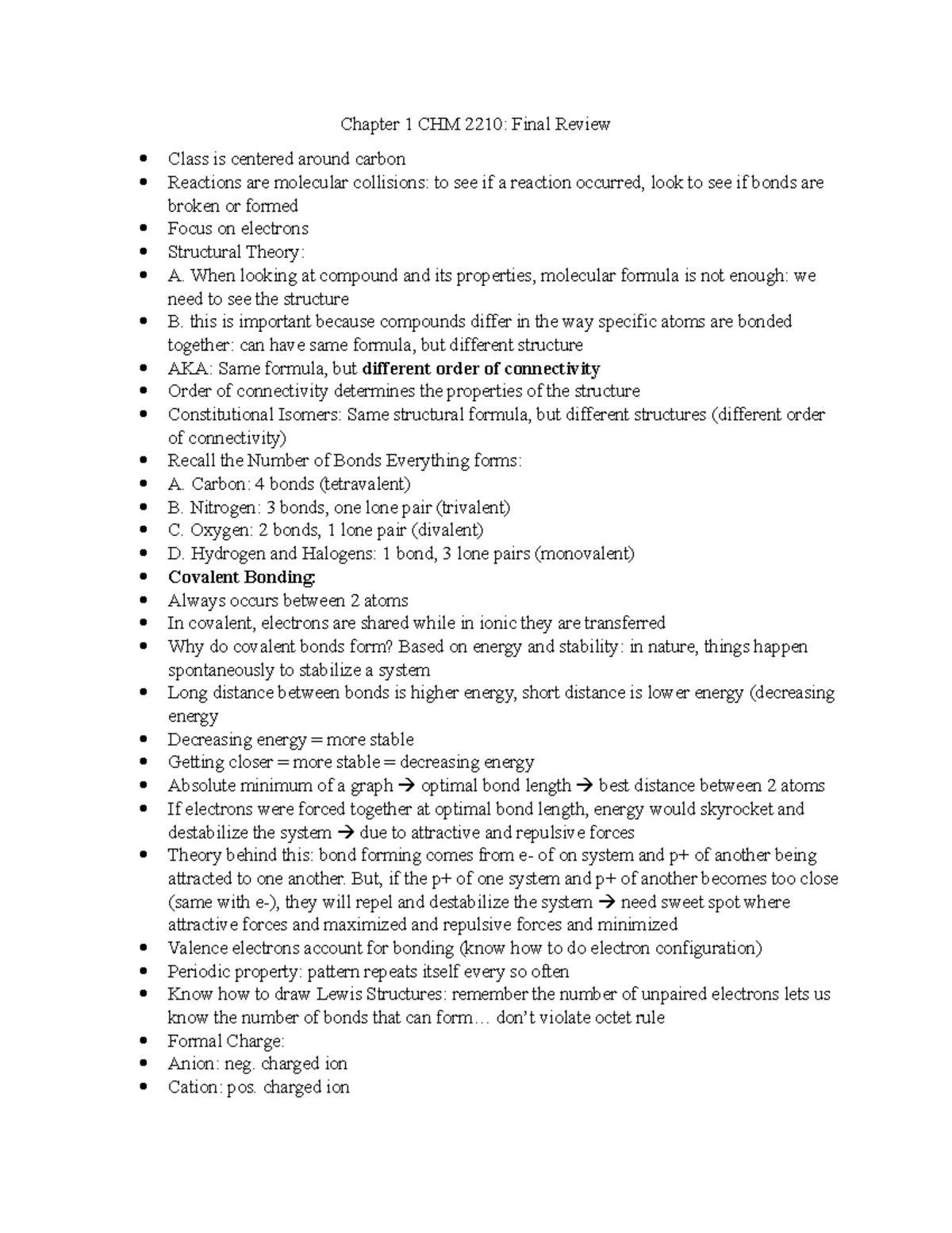 Chapter 1 Chm 2210 Notes Orgo 1 Chapter 1 Chm 2210 Final Review