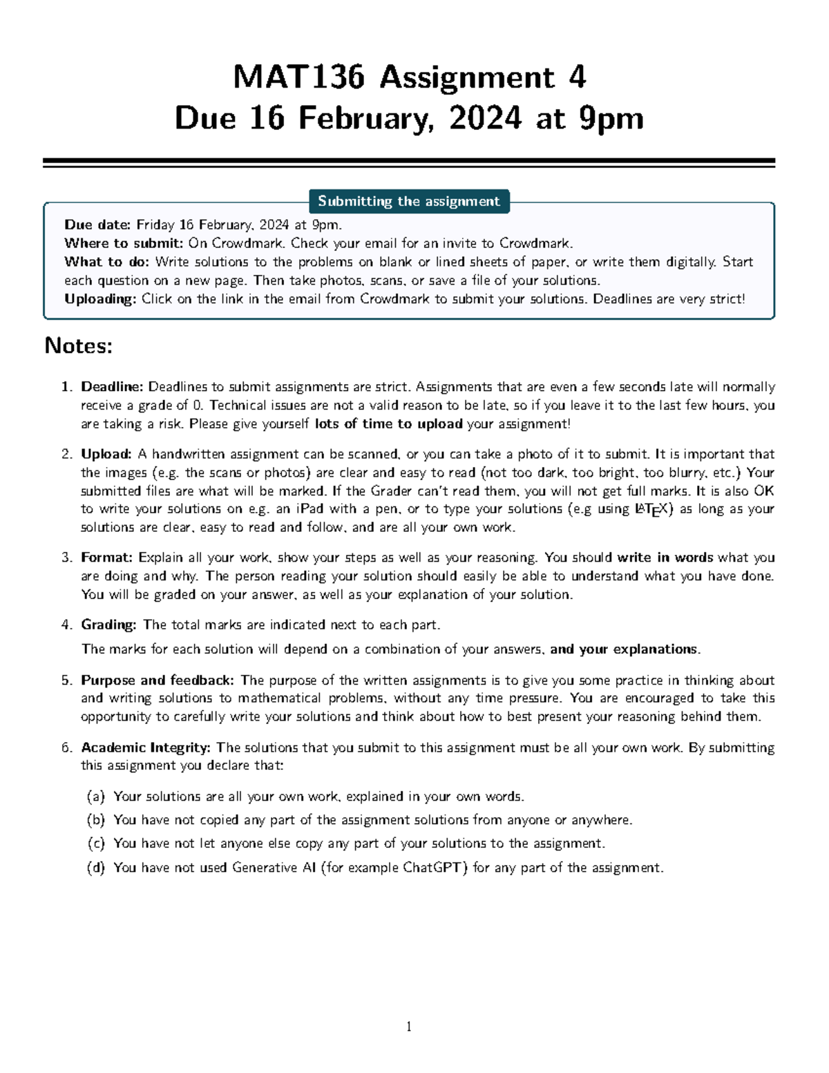 MAT136 Written Assignment 4 W2024 - MAT136 Assignment 4 Due 16 February, 2024 at 9pm Submitting ...