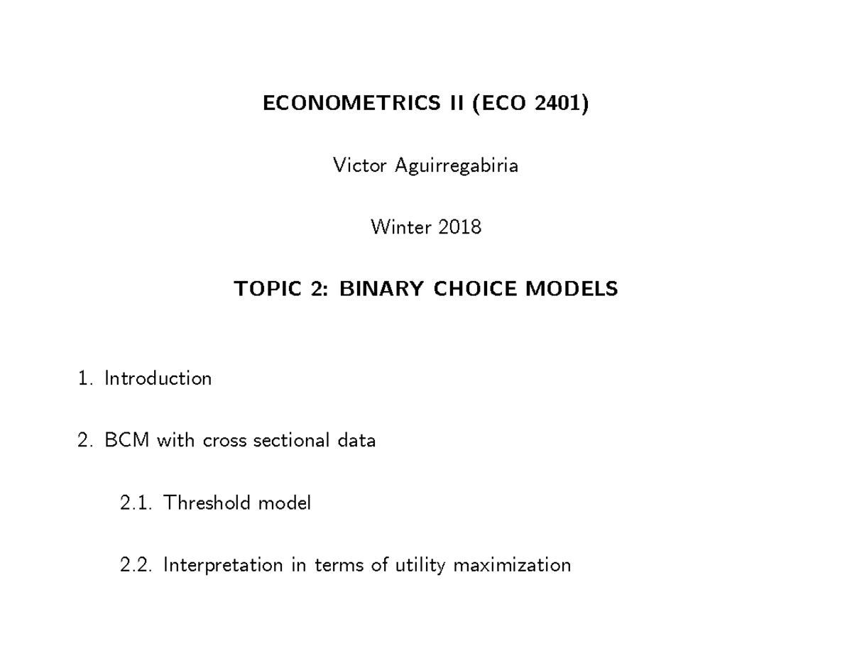 Ec2401 topic 2 binary 2016 - ECONOMETRICS II (ECO 2401) Victor ...