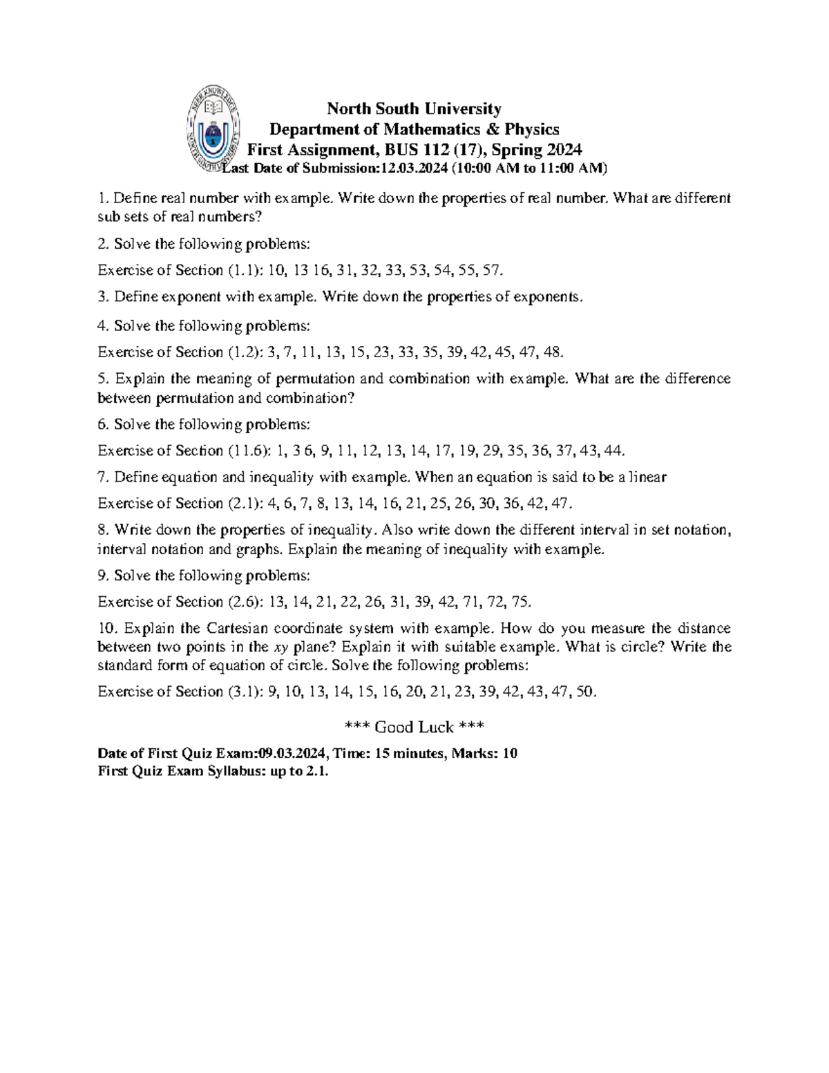 Assignment 1 BUS 112 (17) F Spring 2024 - North South University Department of Mathematics ...